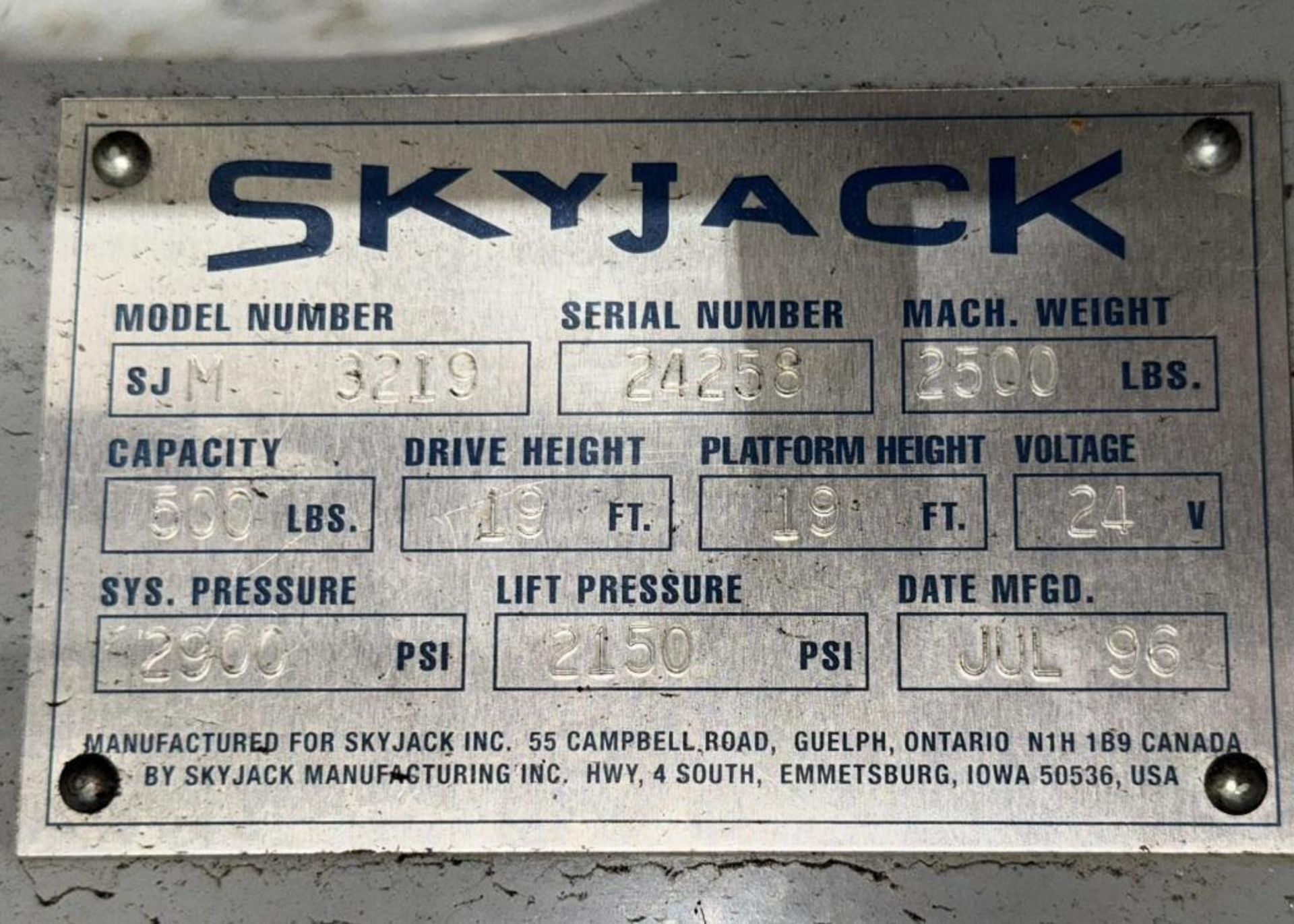 SkyJack Scissor Lift, Model # SJM-3219, Serial # 24258.