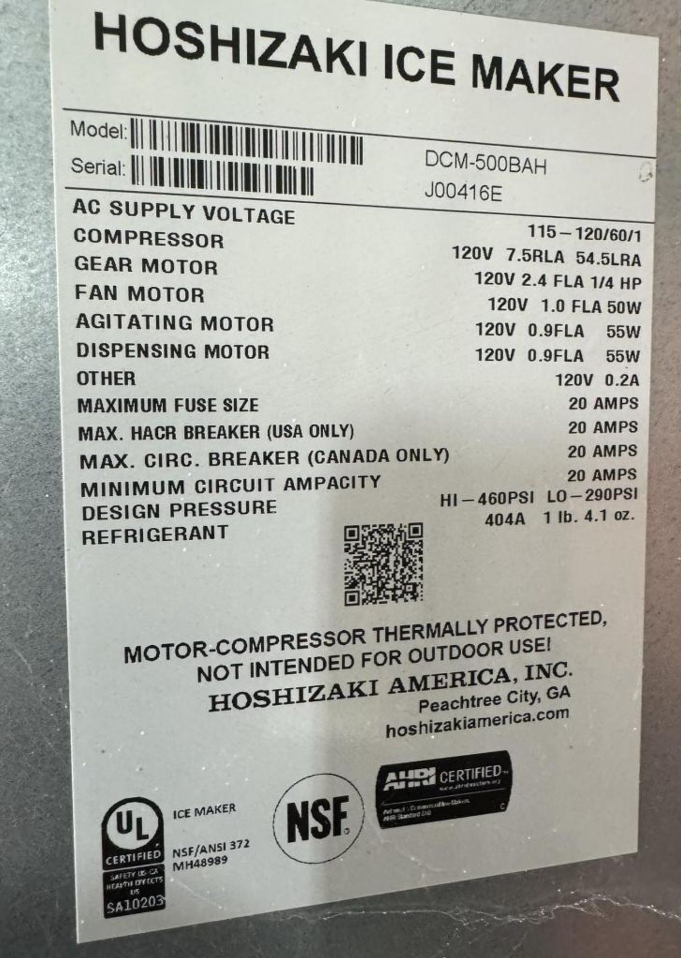 Hoshizaki Ice Maker, Model # DCM-500BAH, Serial # J00416E.