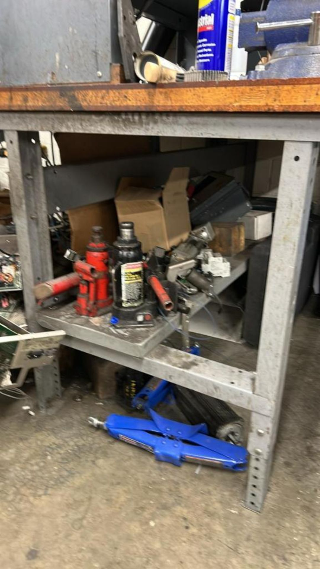 Wood Top Workbench with Metal Frame. With Vise and Mounted Power Strip ...
