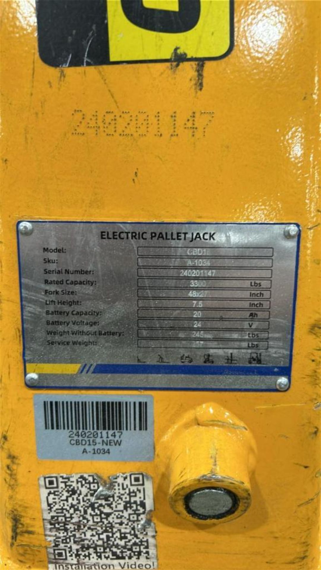 Xilin Electric Pallet Jack, Model # CBD15, Serial # 240201147. 3300lbs ...