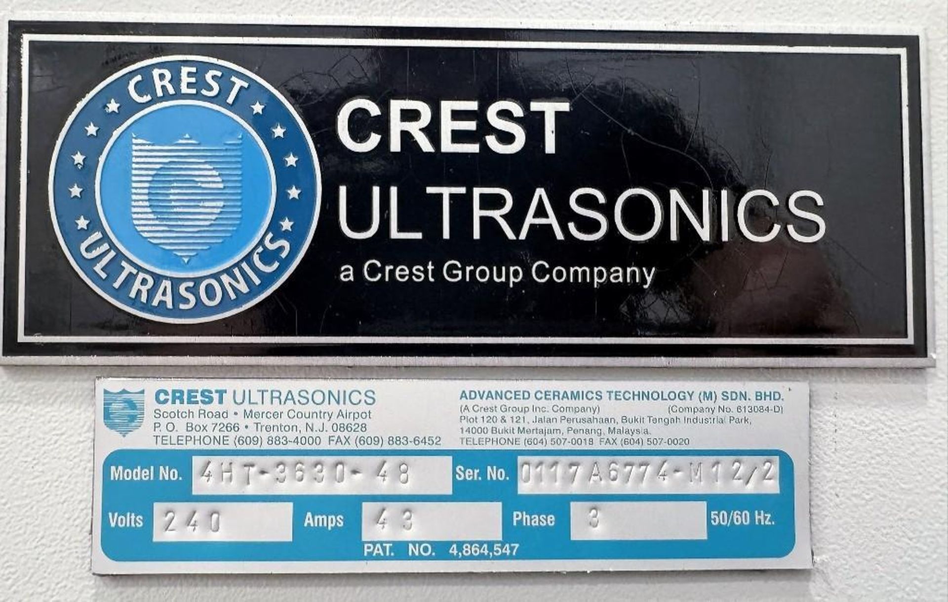 Crest Ultrasonics Cleaning Tank, Model 4HT-3630-48, Serial# 0117A6774 ...