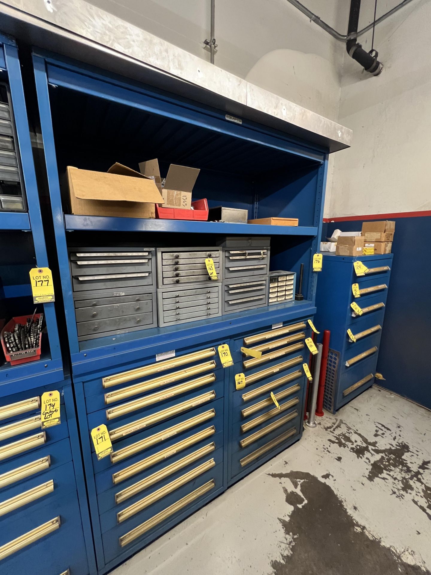 LOT (2) EQUIPTO 9-DRAWER CABINETS WITH BENCHTOP & OVER SHELVING CABINET