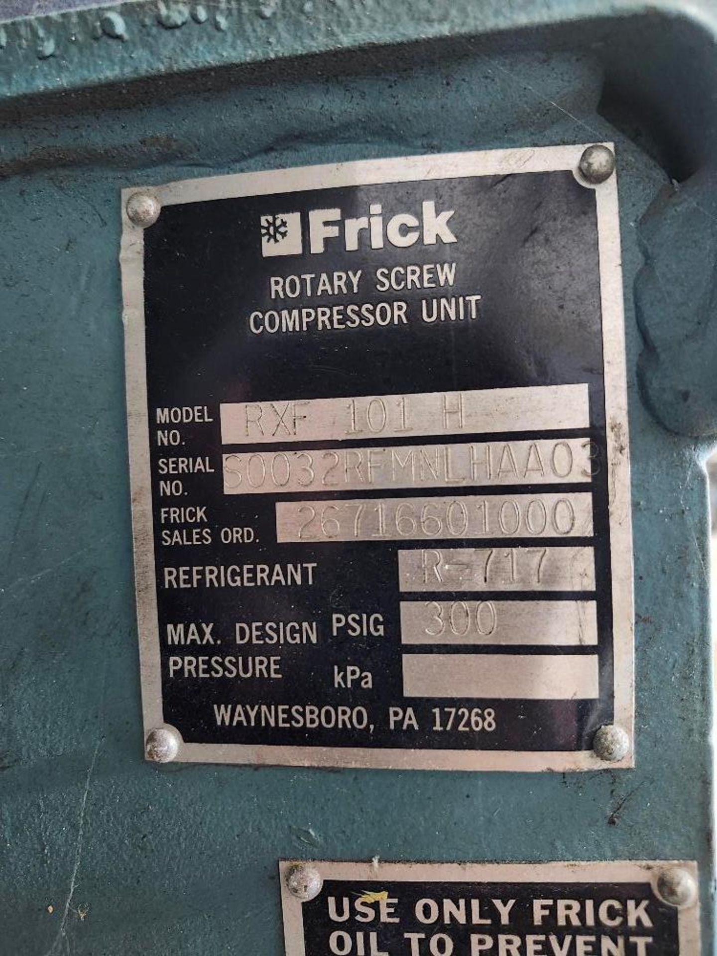 Frick Mdl. RFX101H Ammonia Compressor, Ser. #S0032RFMNLHAA03, 250 h.p ...