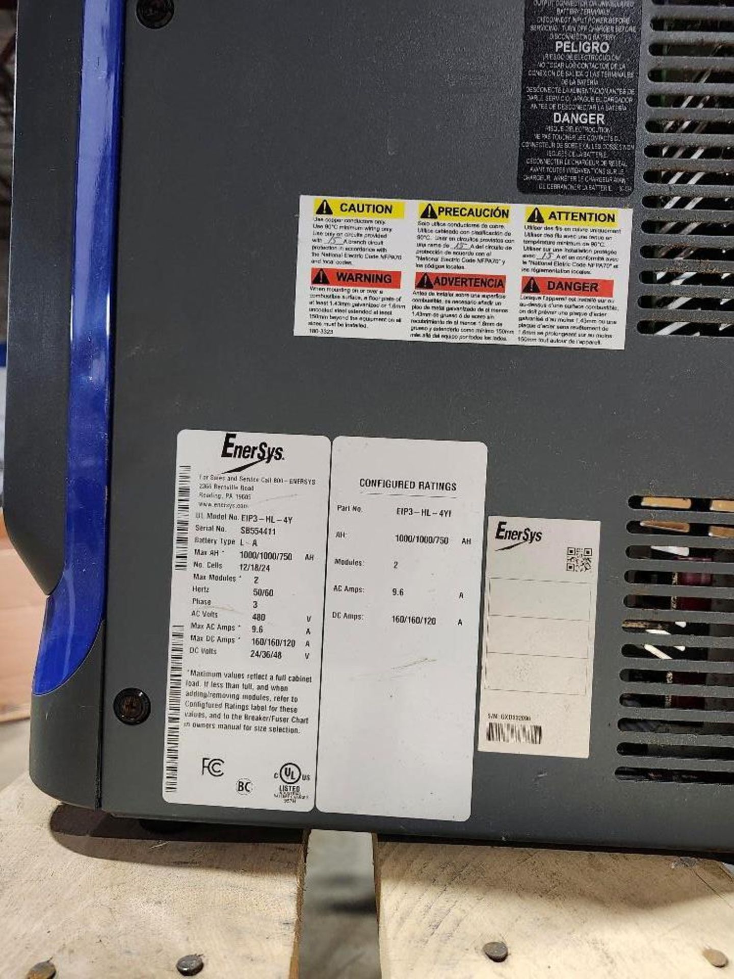 Enersys Mdl. EIP3-HL-44 Battery Charger, Ser. #5B554411, 480 volts, 3 ...