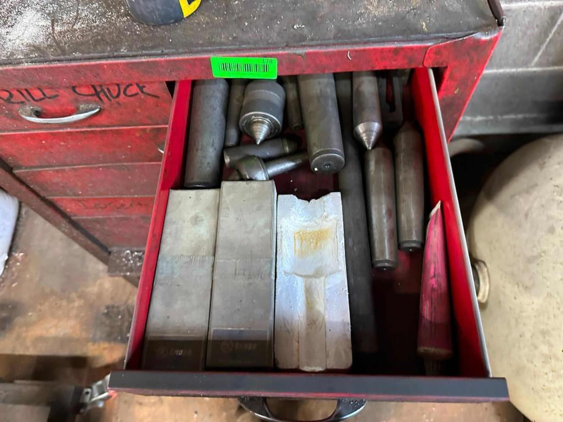 DESCRIPTION: TOOL BOX WITH ASSORTED MACHINING PARTS AND TOOLS ...