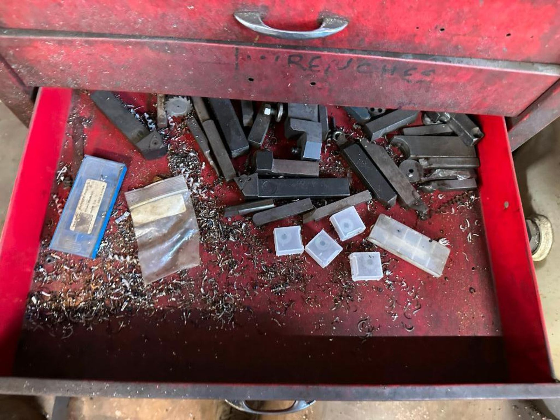 DESCRIPTION: TOOL BOX WITH ASSORTED MACHINING PARTS AND TOOLS ...