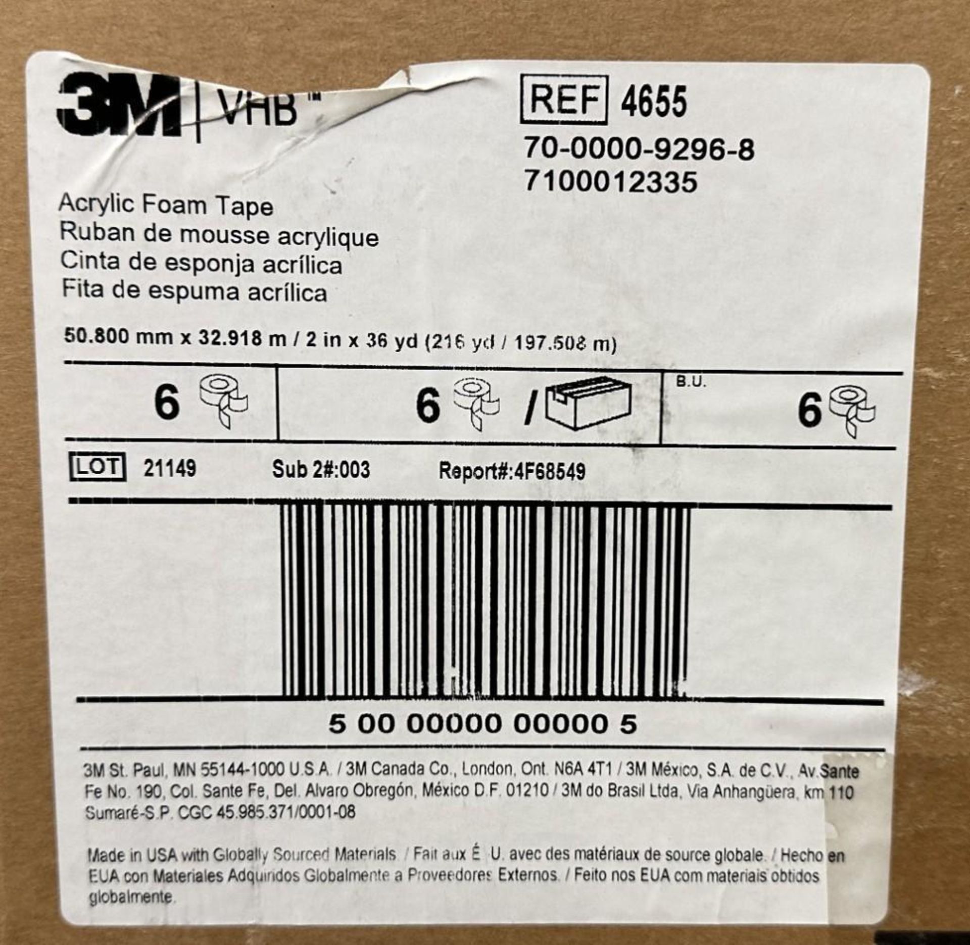 3M #70-0000-9296-8 / #4655 VHB Acrylic Foam Tape 50.800 mm x 32.918 m2 ...