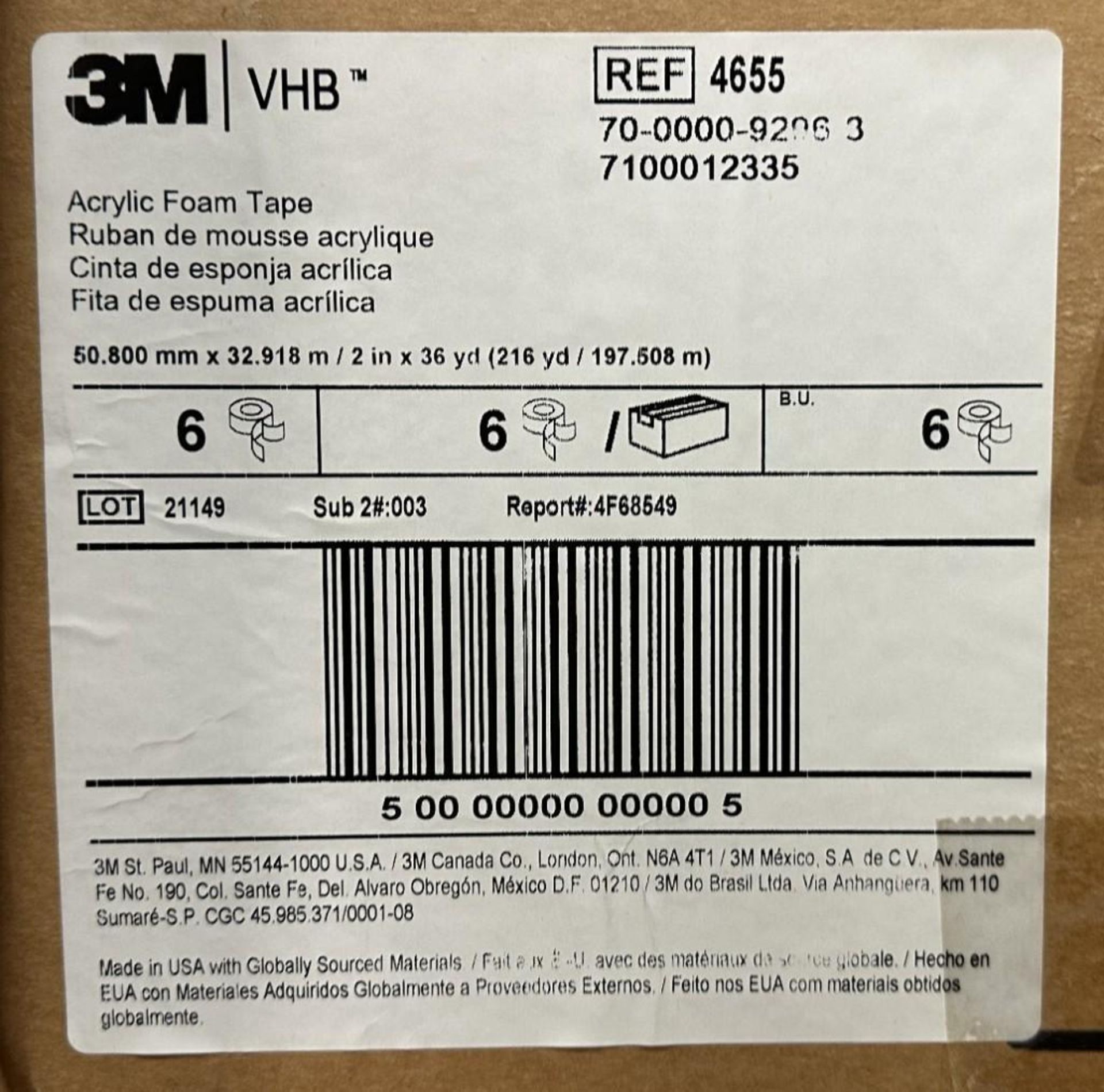 3M #70-0000-9296-8 / #4655 VHB Acrylic Foam Tape 50.800 mm x 32.918 m2 ...