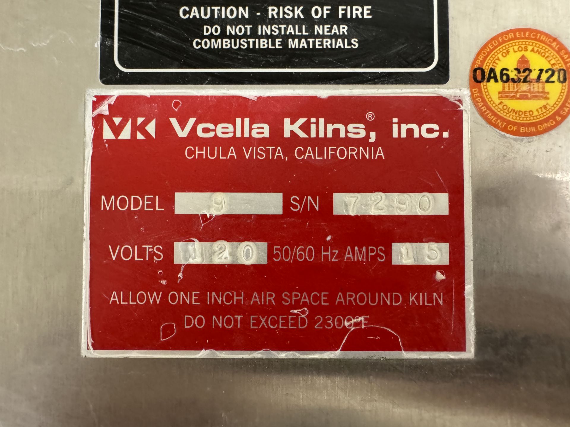 VCELLA KILN MODEL # 9 BURNOUT KILN SERIAL # 7290; 120 V; 50/60 HZ; 15 A ...