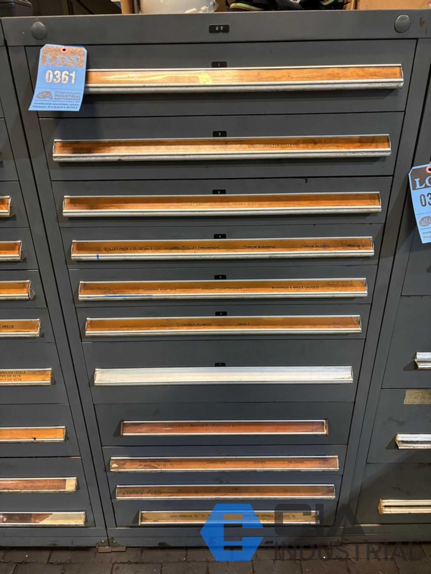 11-DRAWER VIDMAR CABINET WITH COLLETS, COLLET PADS, REAMERS, CONNECTORS ...