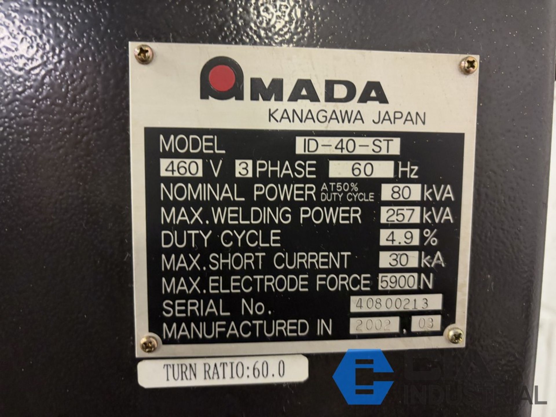 80 KVA AMADA MODEL ID-40-ST SPOT WELDER; S/N 40800213, 25" THROAT, DIT ...