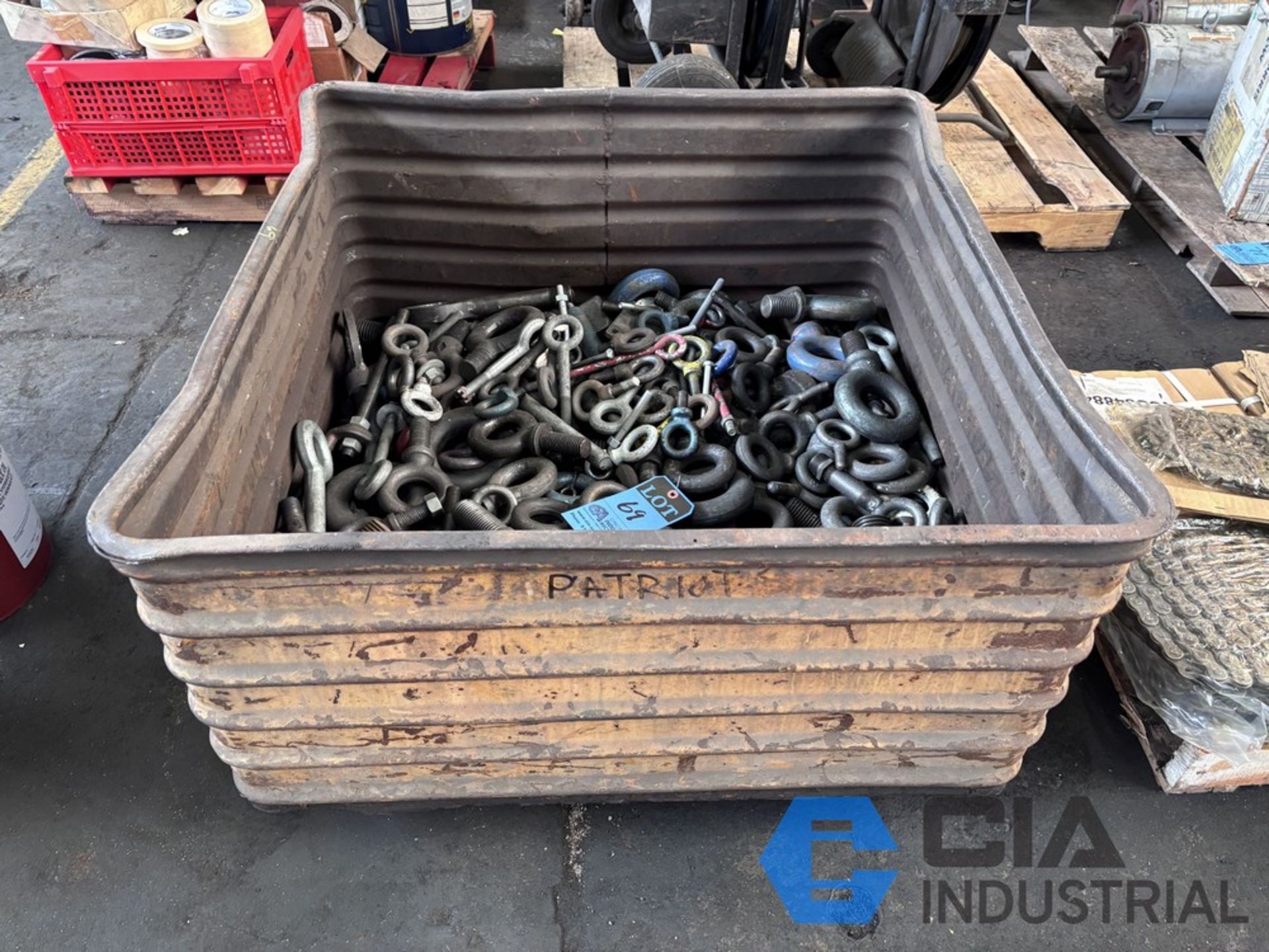 (LOT) ASSORTED EYE BOLTS IN STEEL CONTAINER