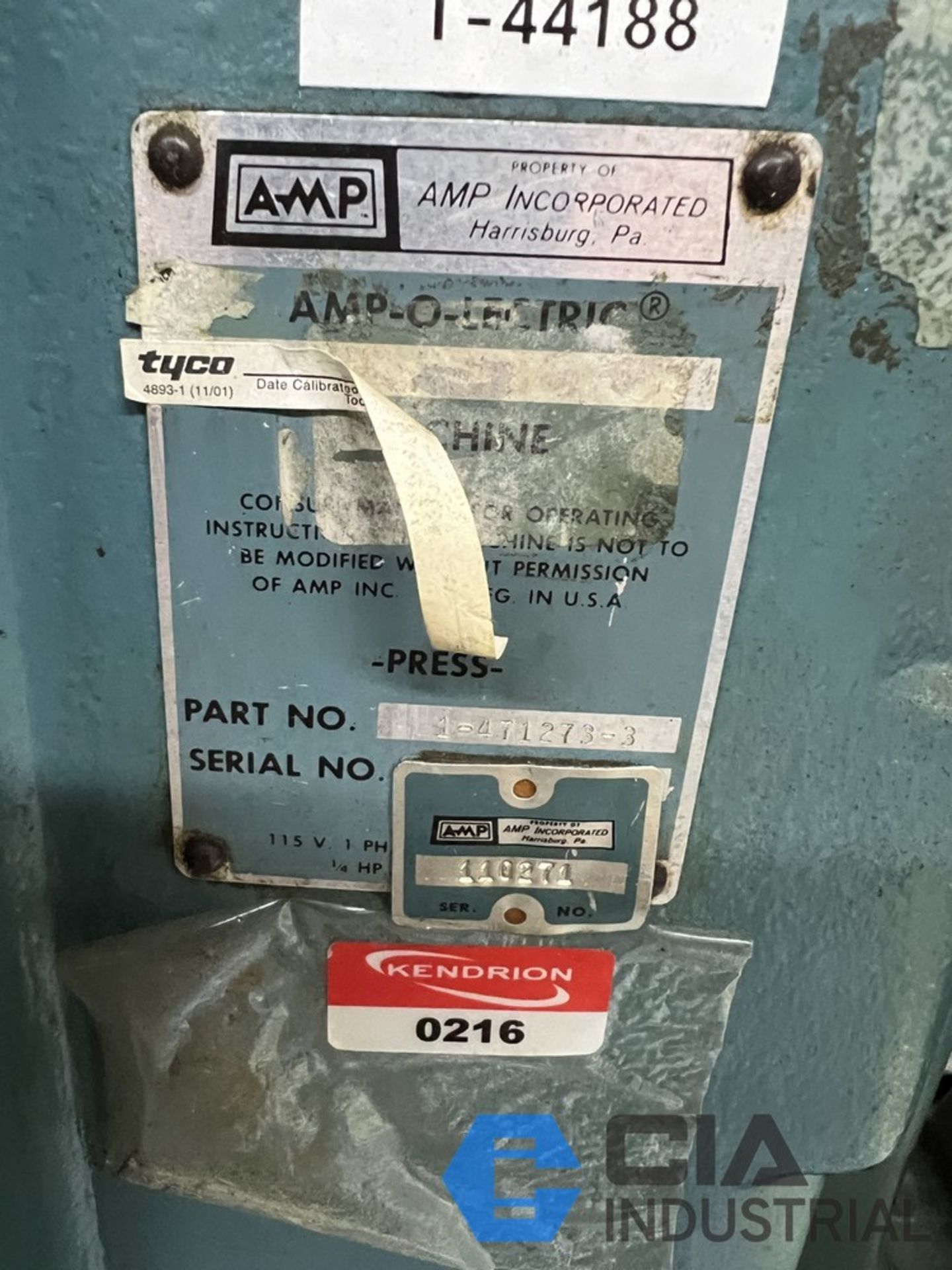 AMP INC PART NO. 1-471273-3 STAMPING PRESS; S/N 111271, FOOT CONTROL ...