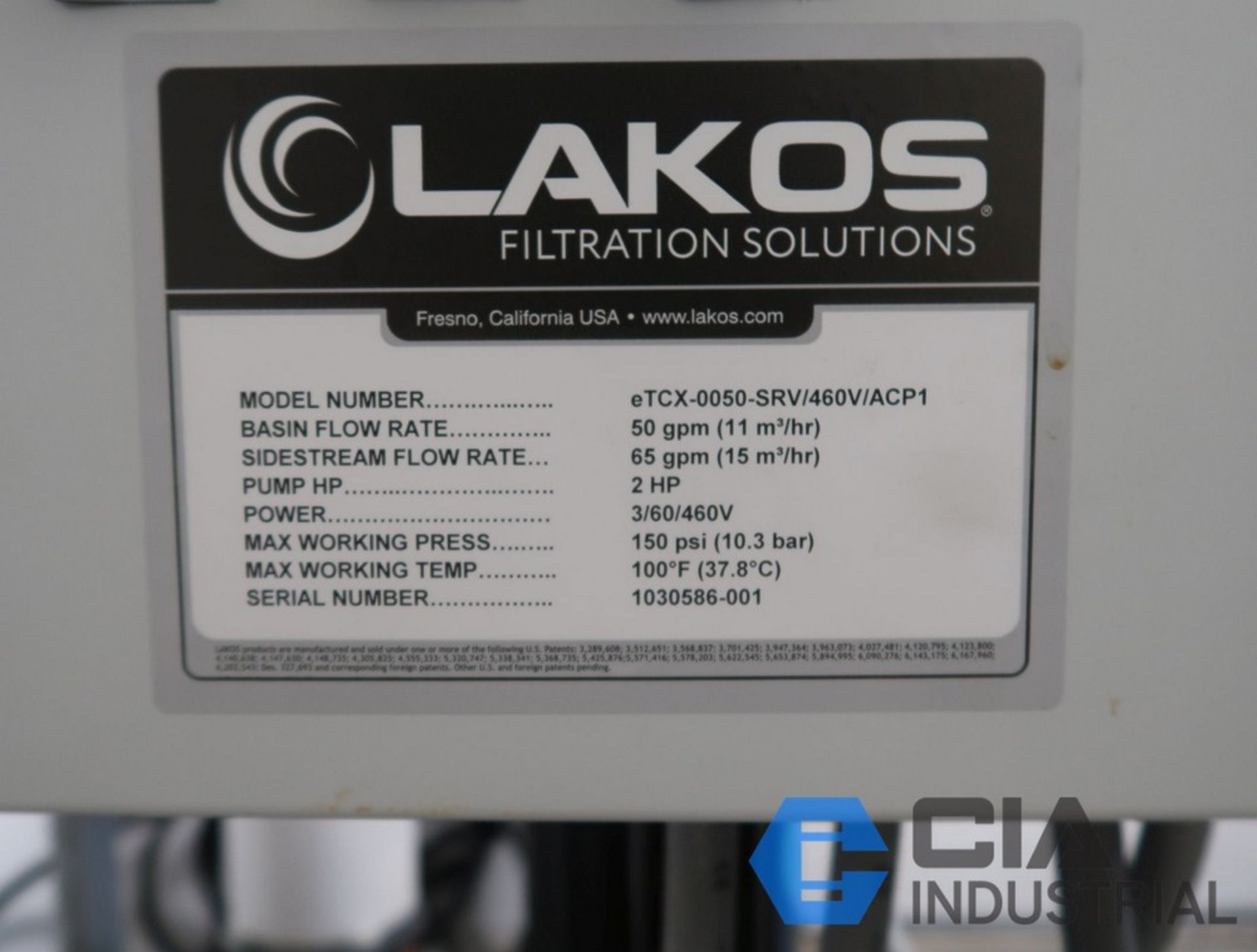 LAKOS MODEL ETCX-0050-SRV/450V/ACP1 PROCESS CHILLER FILTER; S/N 1030586 ...