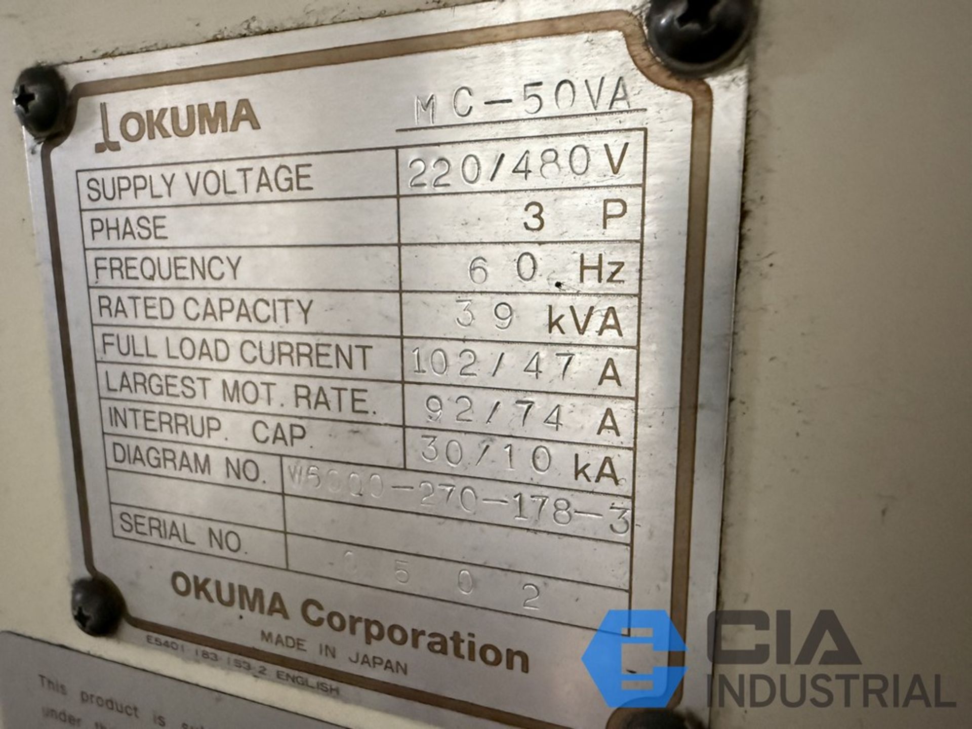 OKUMA MODEL MC-50VA VERTICAL MACHINING CENTER, 3-AXIS, 32-POSITION ATC ...