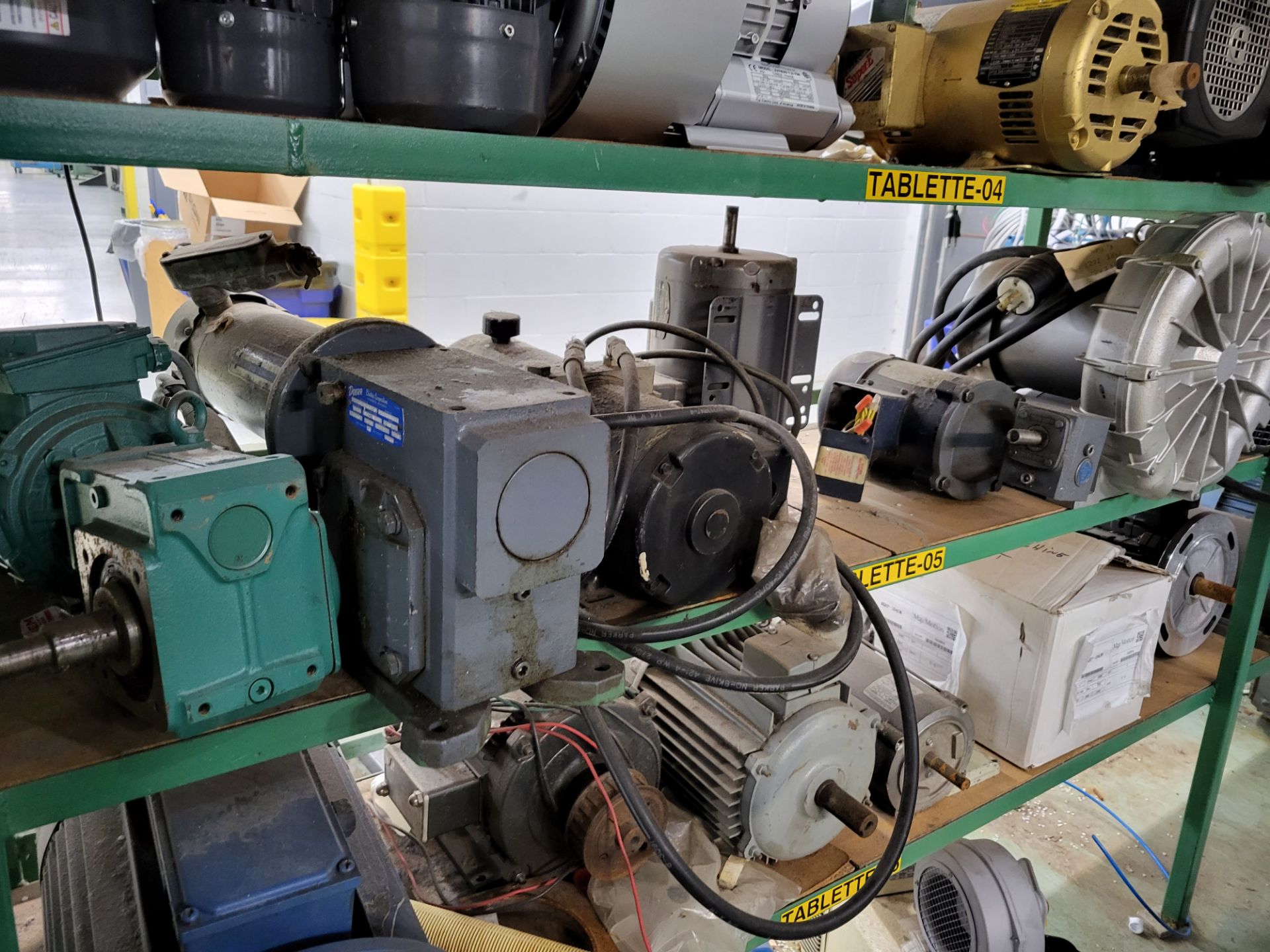 Contents of (6) Shelves of assorted Motors, electric, drive, gear ...