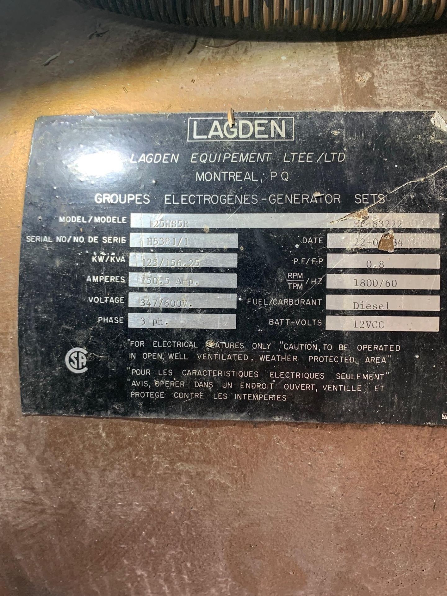 LAGDEN DIESEL GENERATOR 156KVA, ELECTRICS: 600V347V/3PH/60C, C/W ...