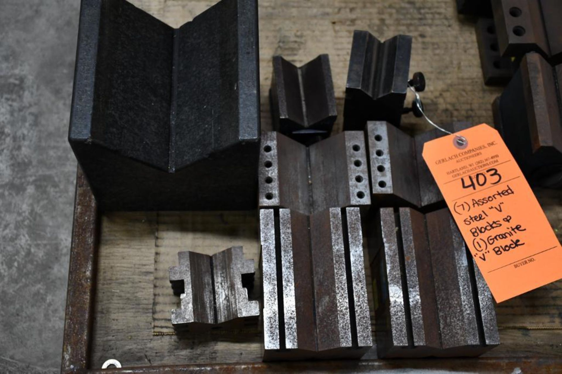 (7) ASSORTED STEEL "V" BLOCKS AND (1) GRANITE "V" BLOCK