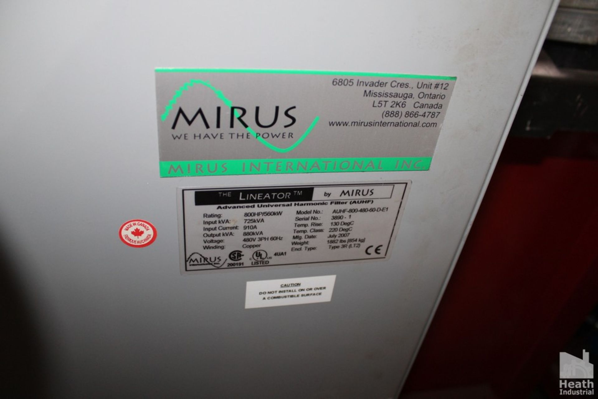 MIRUS INTERNATIONAL TRANSFORMER, MODEL AUHF-800-480-60-D-E1, S/N 3890-1 ...