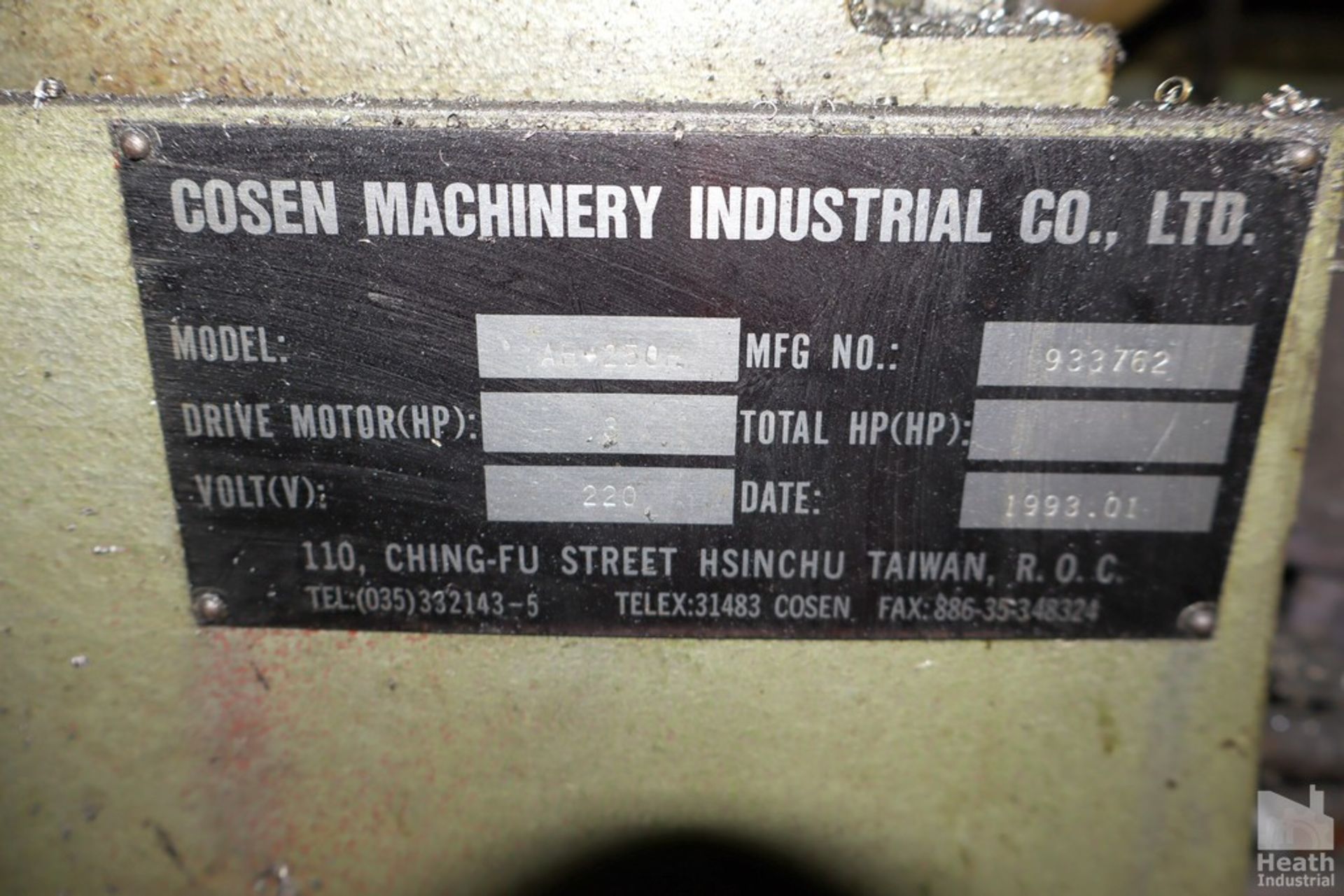COSEN 11" X 9.8" MODEL AH250H AUTOMATIC HORIZONTAL BAND SAW, S/N 933762