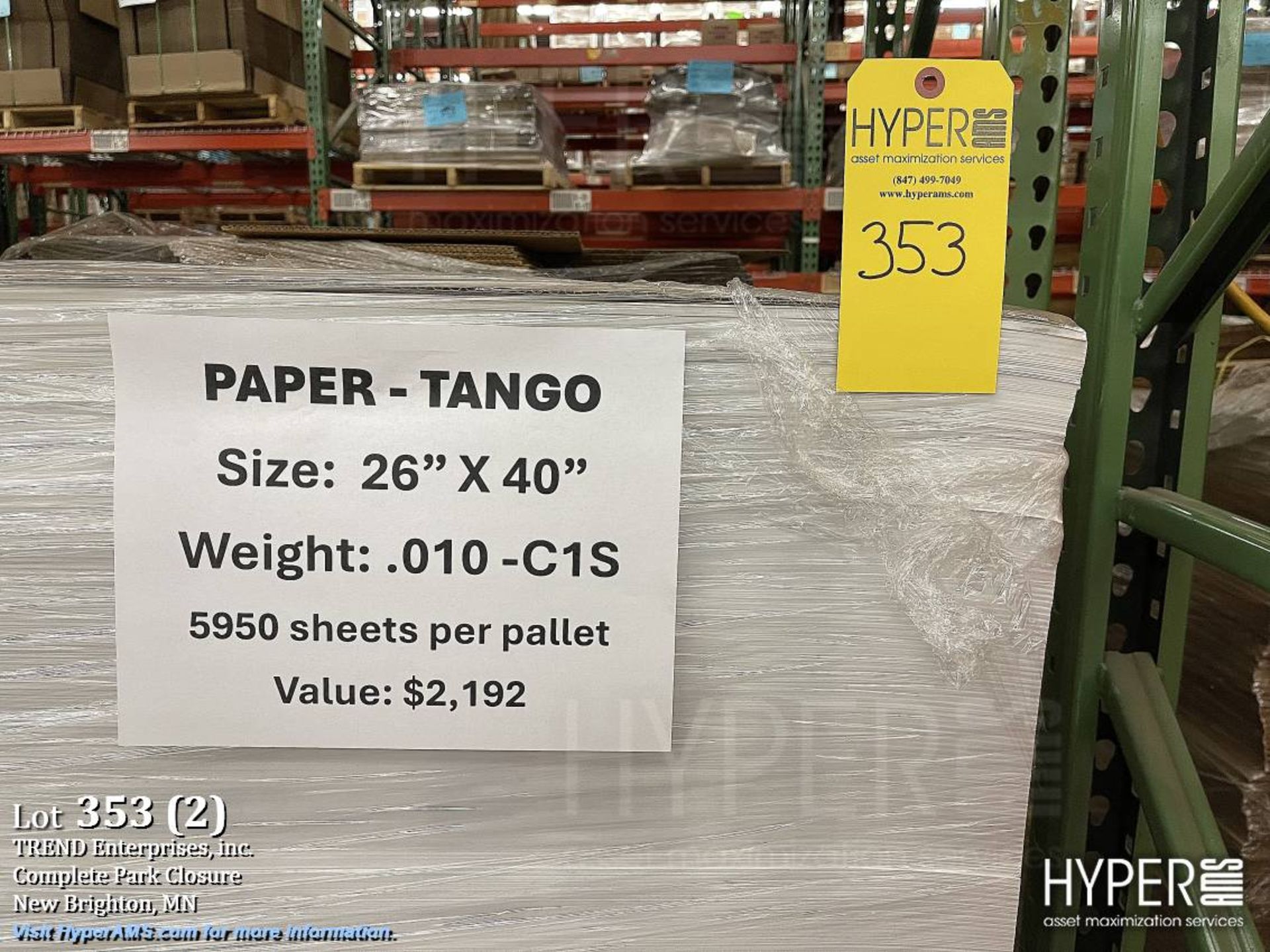 Tango paper, 26" X 40" sheets, weight: .010 - C1S, (Qty 5,950 sheets)