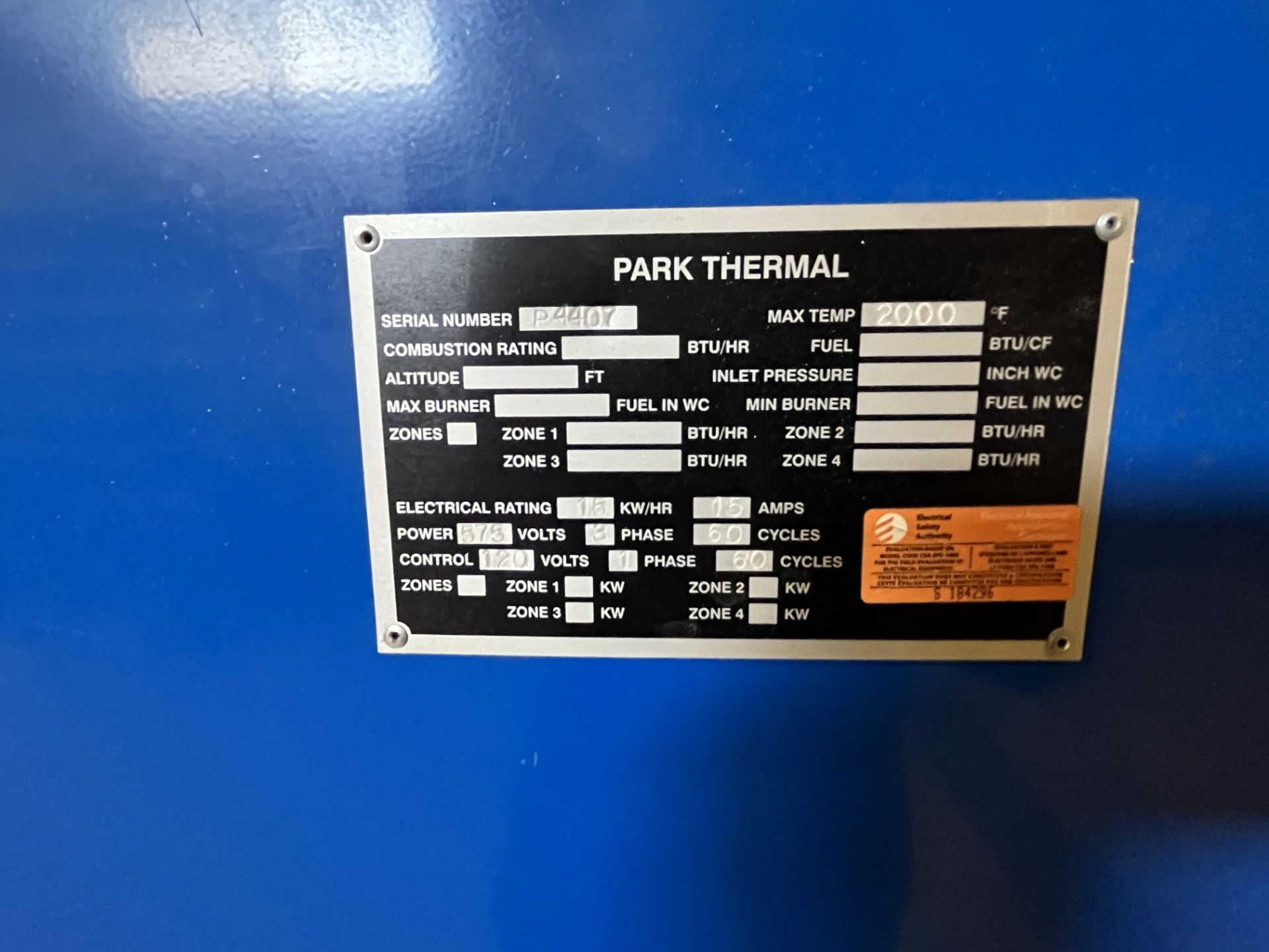 PARK THERMAL OVEN, 2,000 DEG F MAX TEMP, S/N P4407 (RIGGING FEE $250)