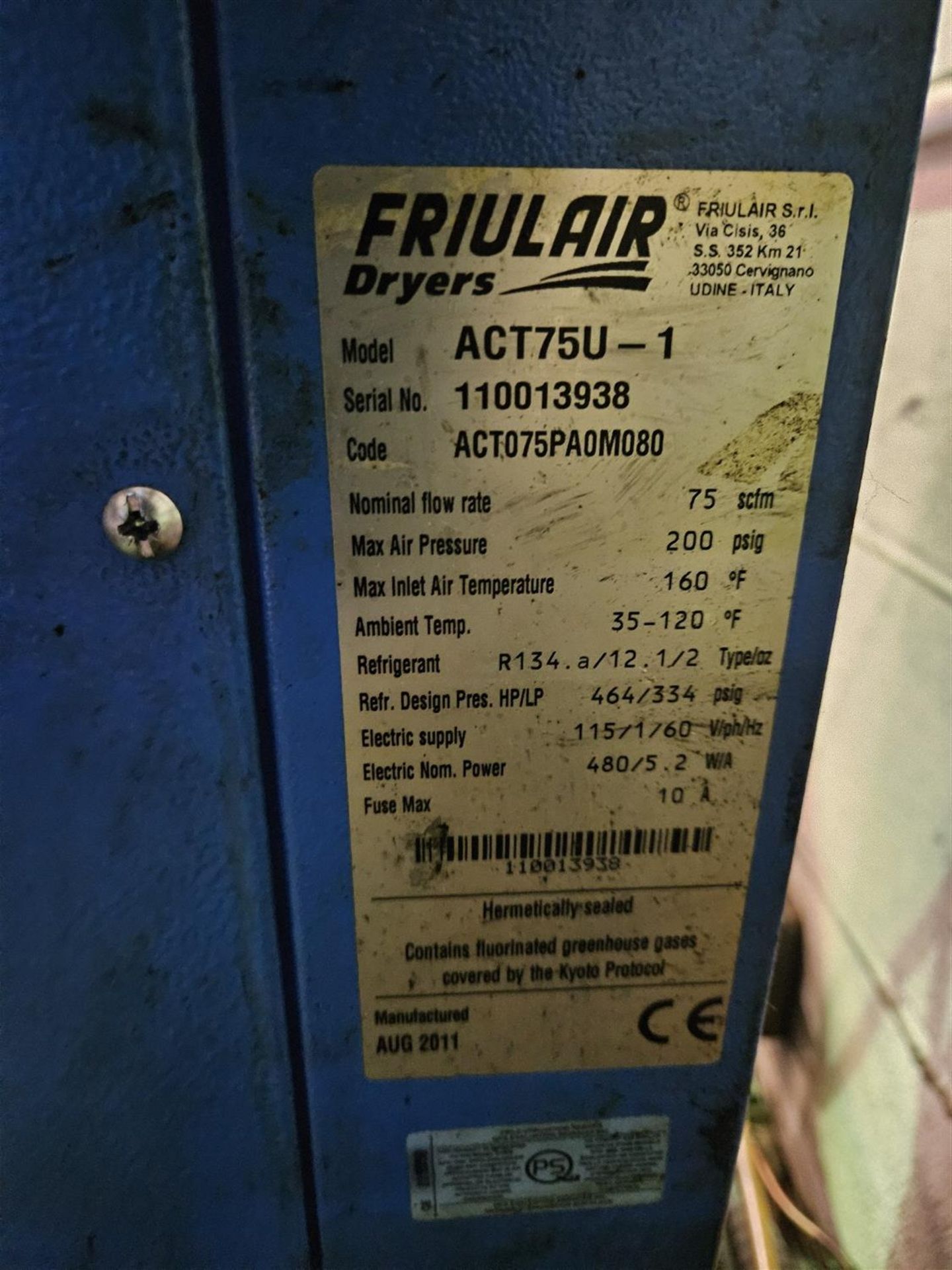 PURESTREAM AIR DRYER, MOD. ACT75U-1 (RIGGING FEE $250)
