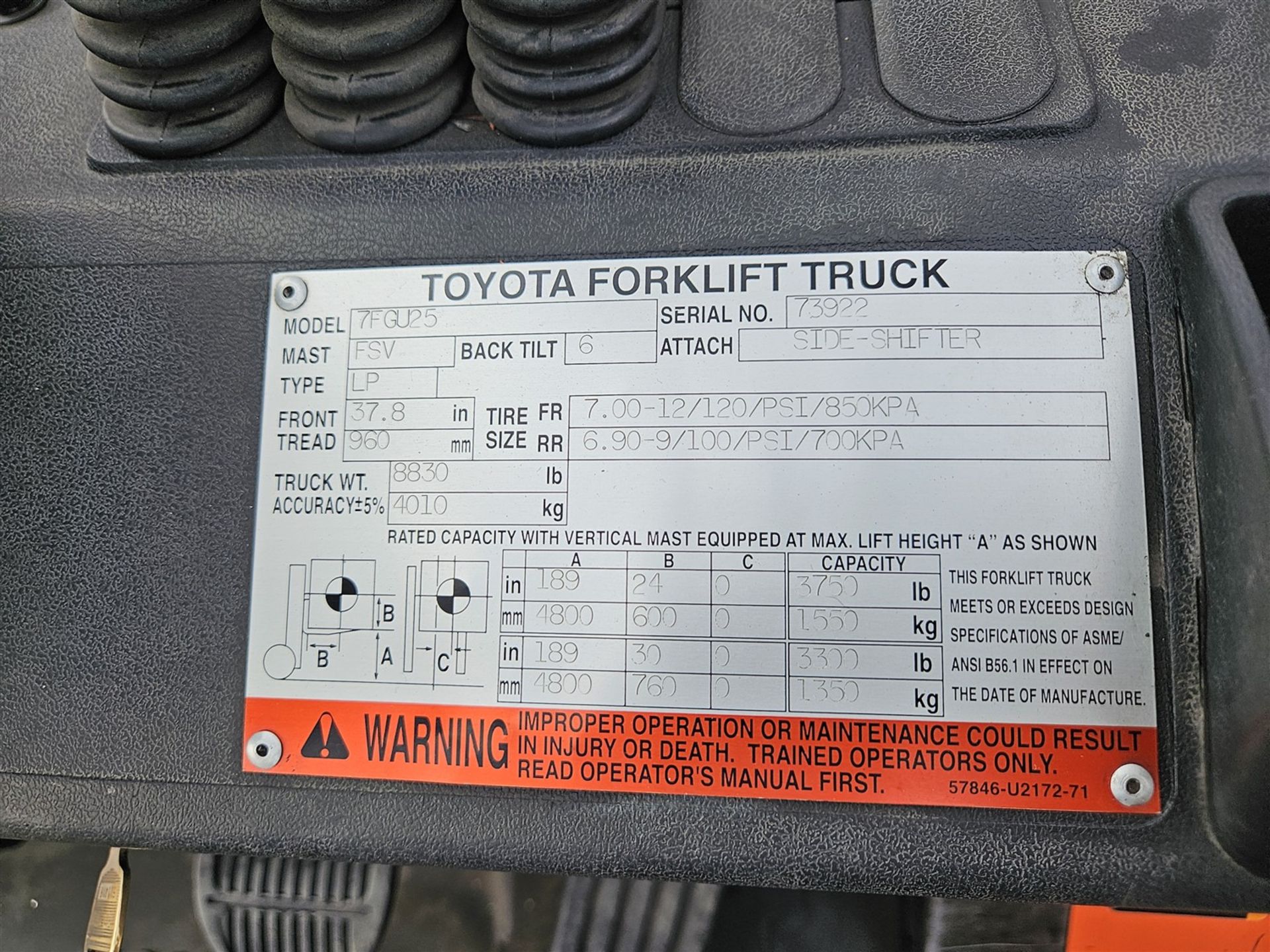 TOYOTA FORKLIFT MODEL 7FGU25, 3750 LB. CAP., 189 IN. LIFT SIDESHIFT ...