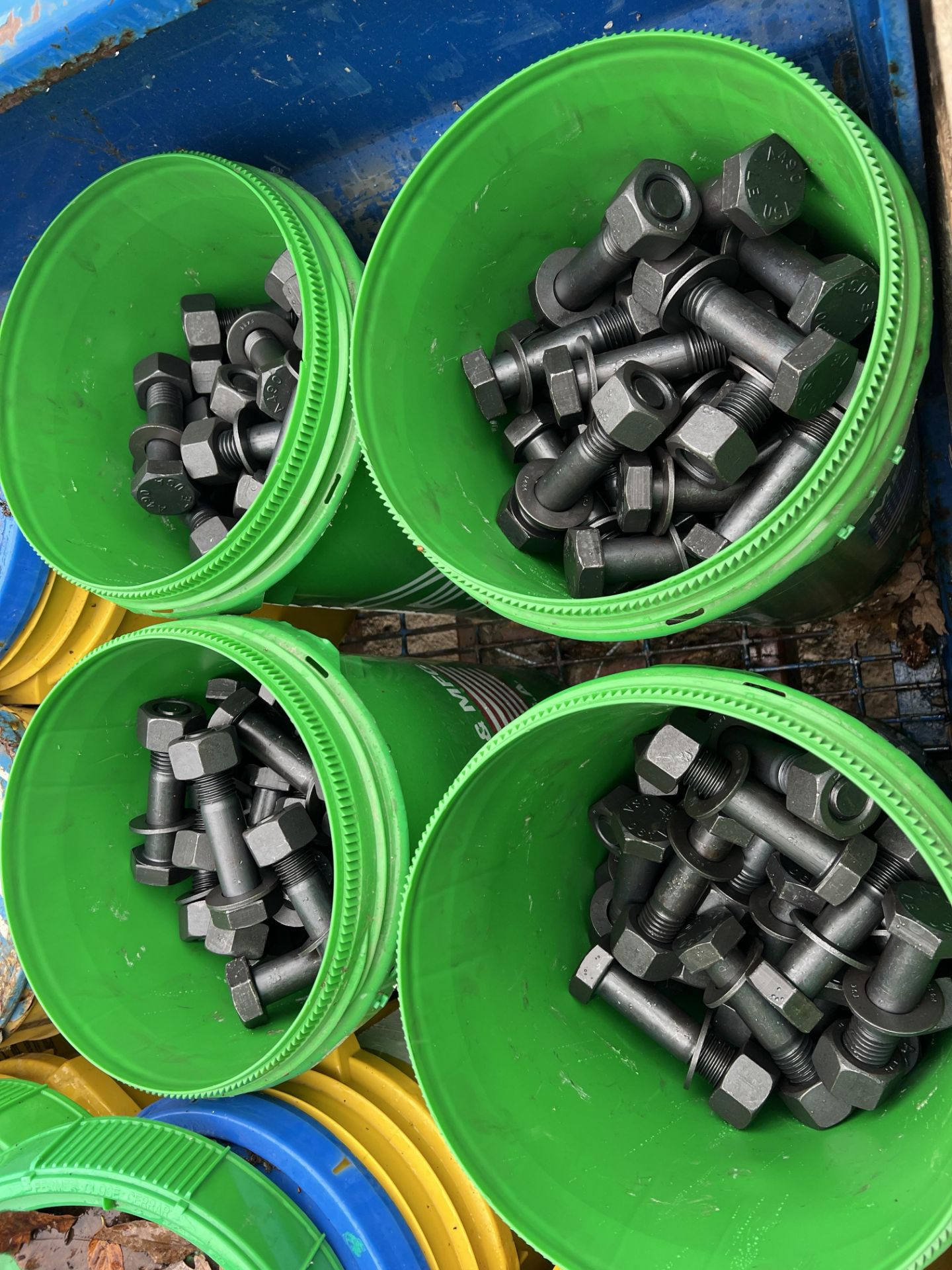 LOT OF APPROX. (48) 12"DIA X 22"H BUCKETS OF STRUCTURAL STEEL BOLTS ...