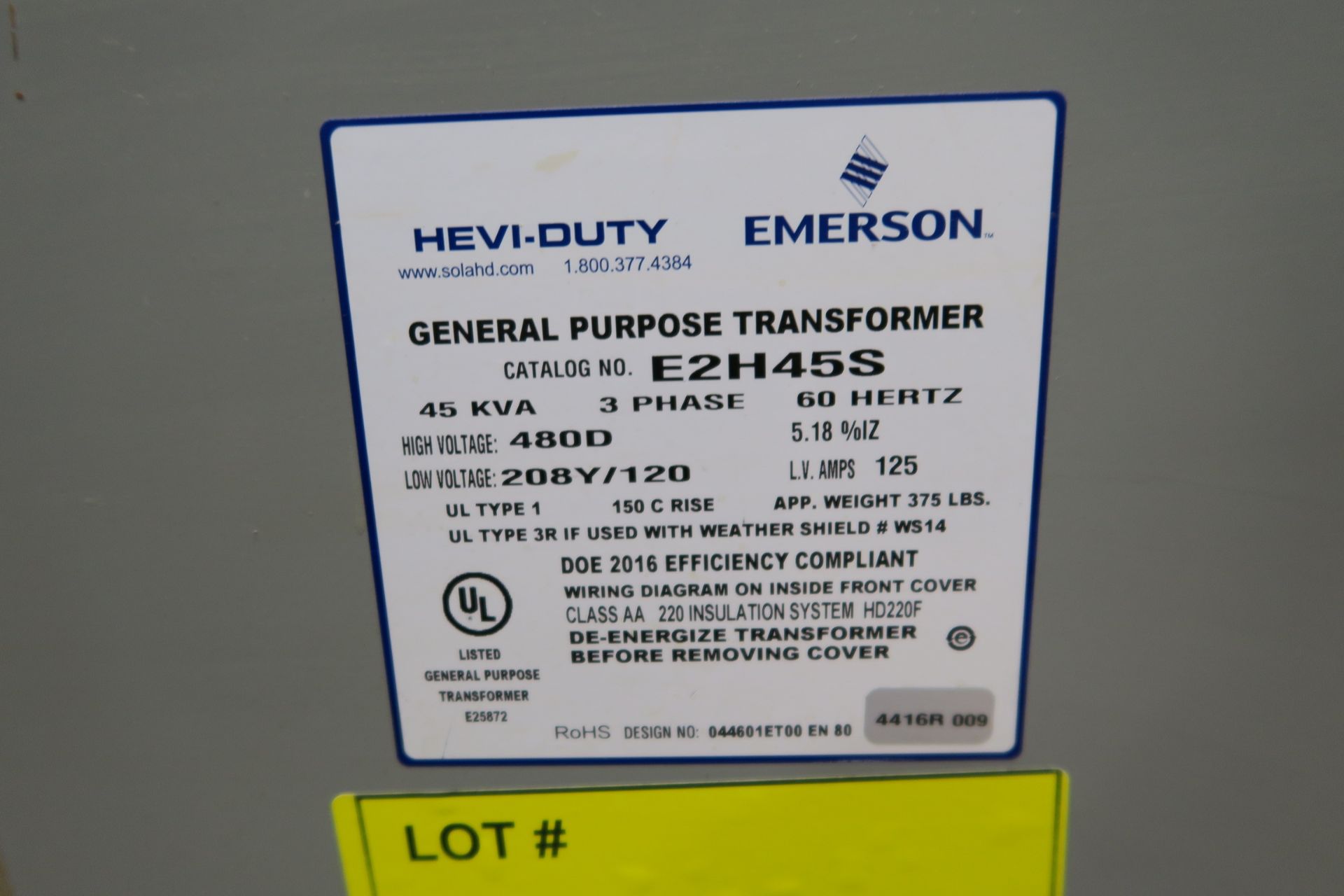 EMERSON TRANSFORMER CAT NO. E2H45S, 45KVA, IN 480D, OUT 208Y/120 *LATE ...