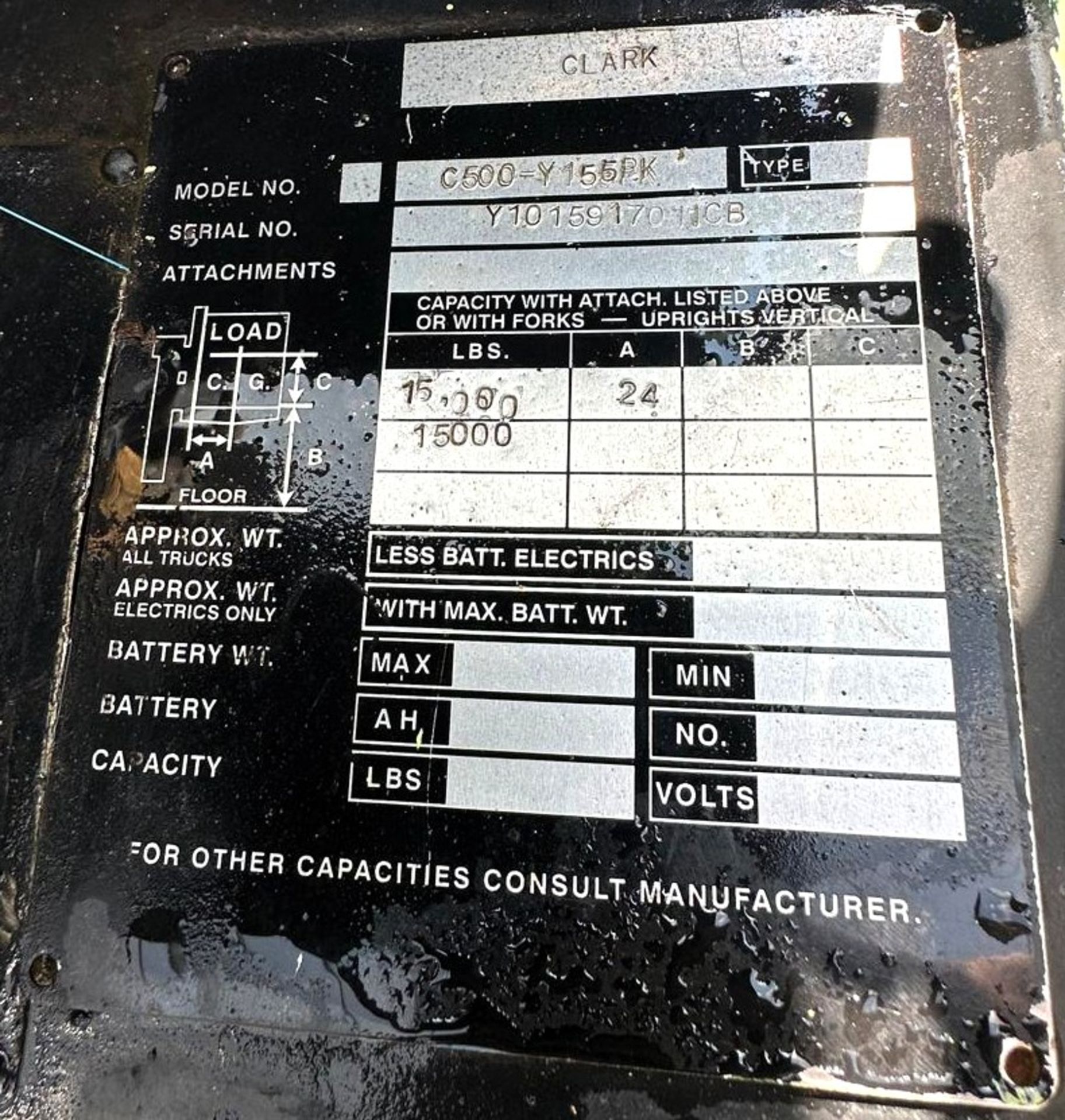 CLARK C500-Y155PK OUTDOOR DIESEL FORKLIFT, 15,000LB CAP., S/N Y10159170T1CB