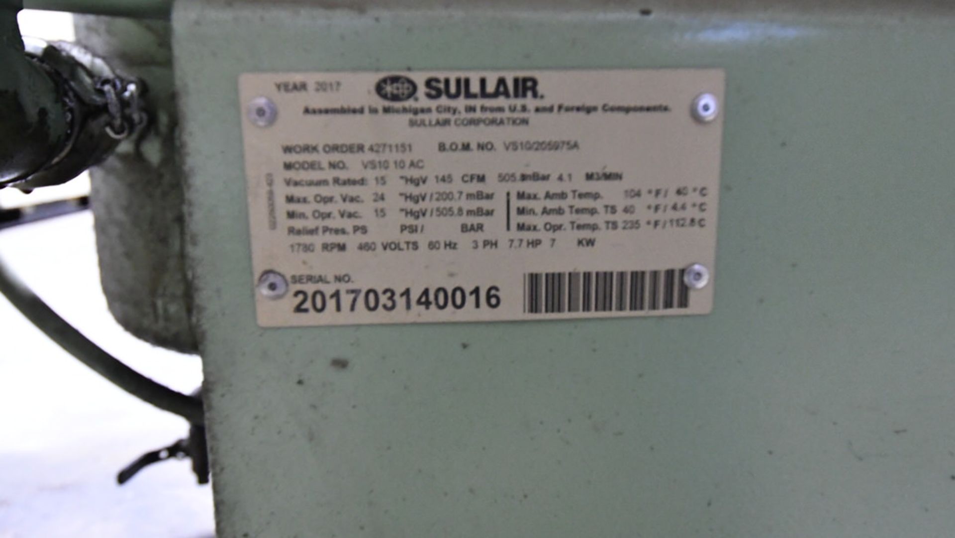 SULLAIR VS-10 ROTARY VACUUM PUMP, NEW 2017, RATED 15 HgV 145 CFM, 10 HP ...