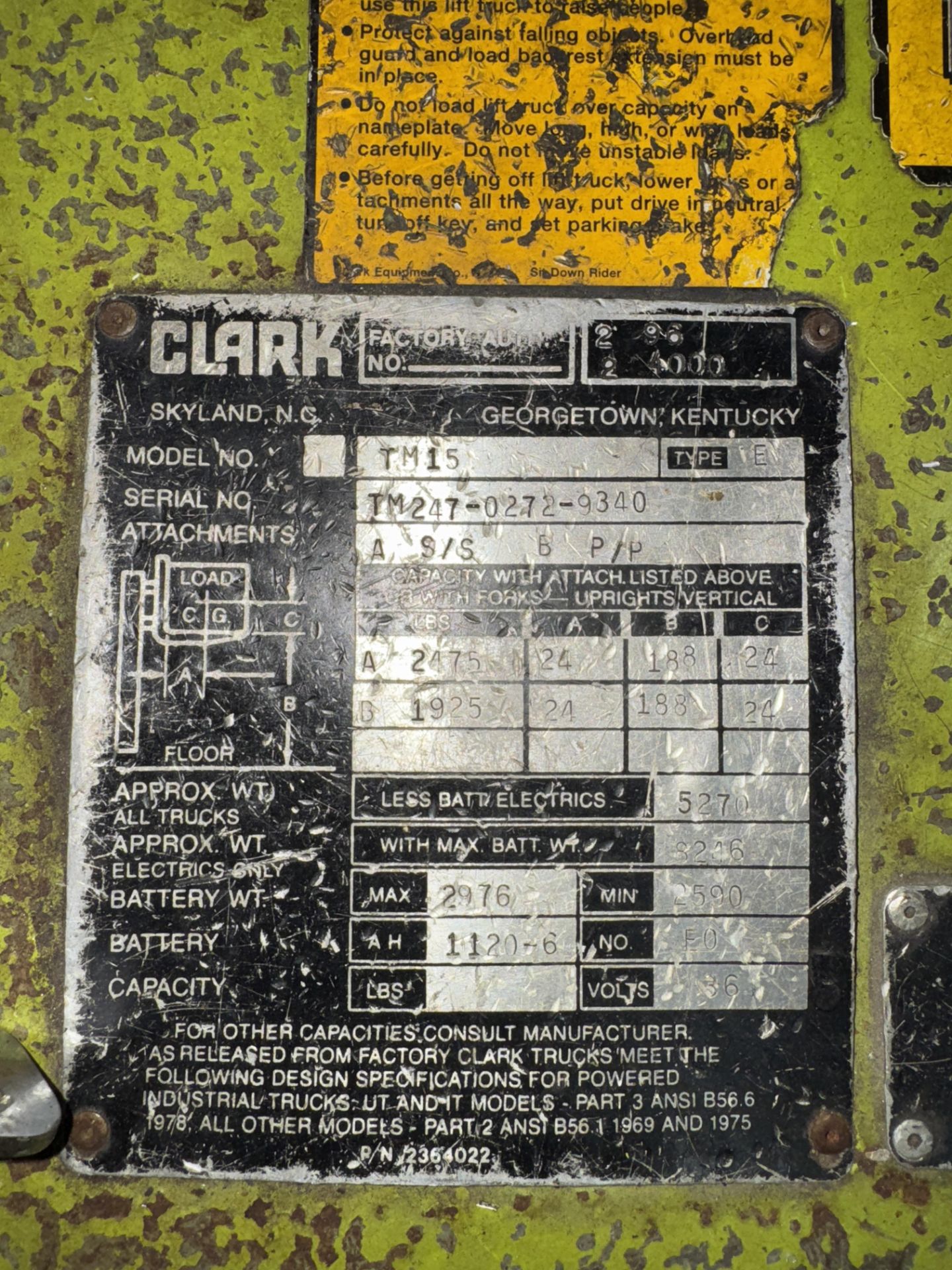 Clark TM15 Electric Forklift, S/N TM247-0272-9340, 2,703 Hours, 188 ...