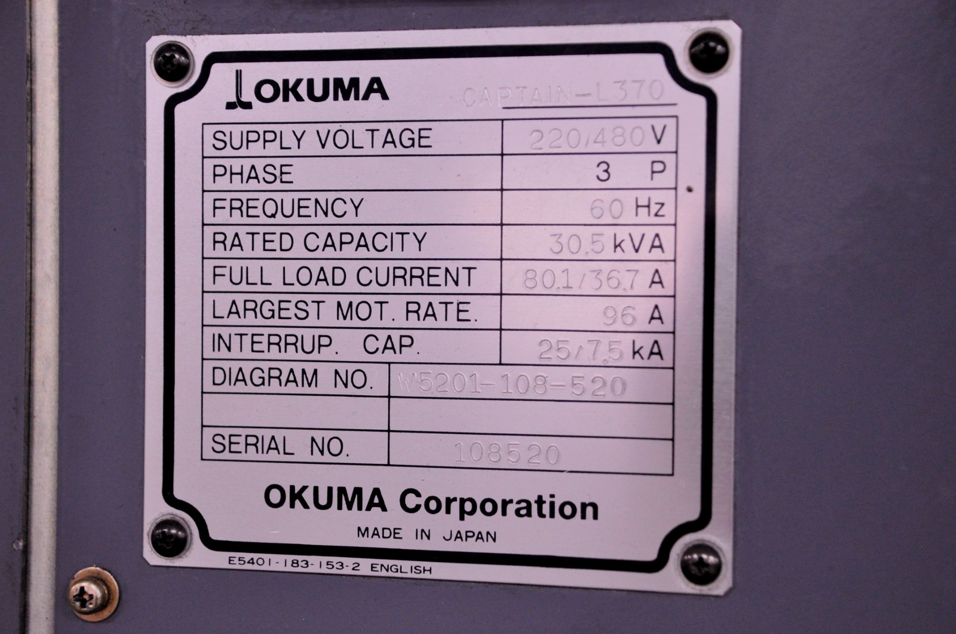 Okuma Model Captain-L370MW CNC Lathe, s/n 108520, OSP-E100L CNC Control ...