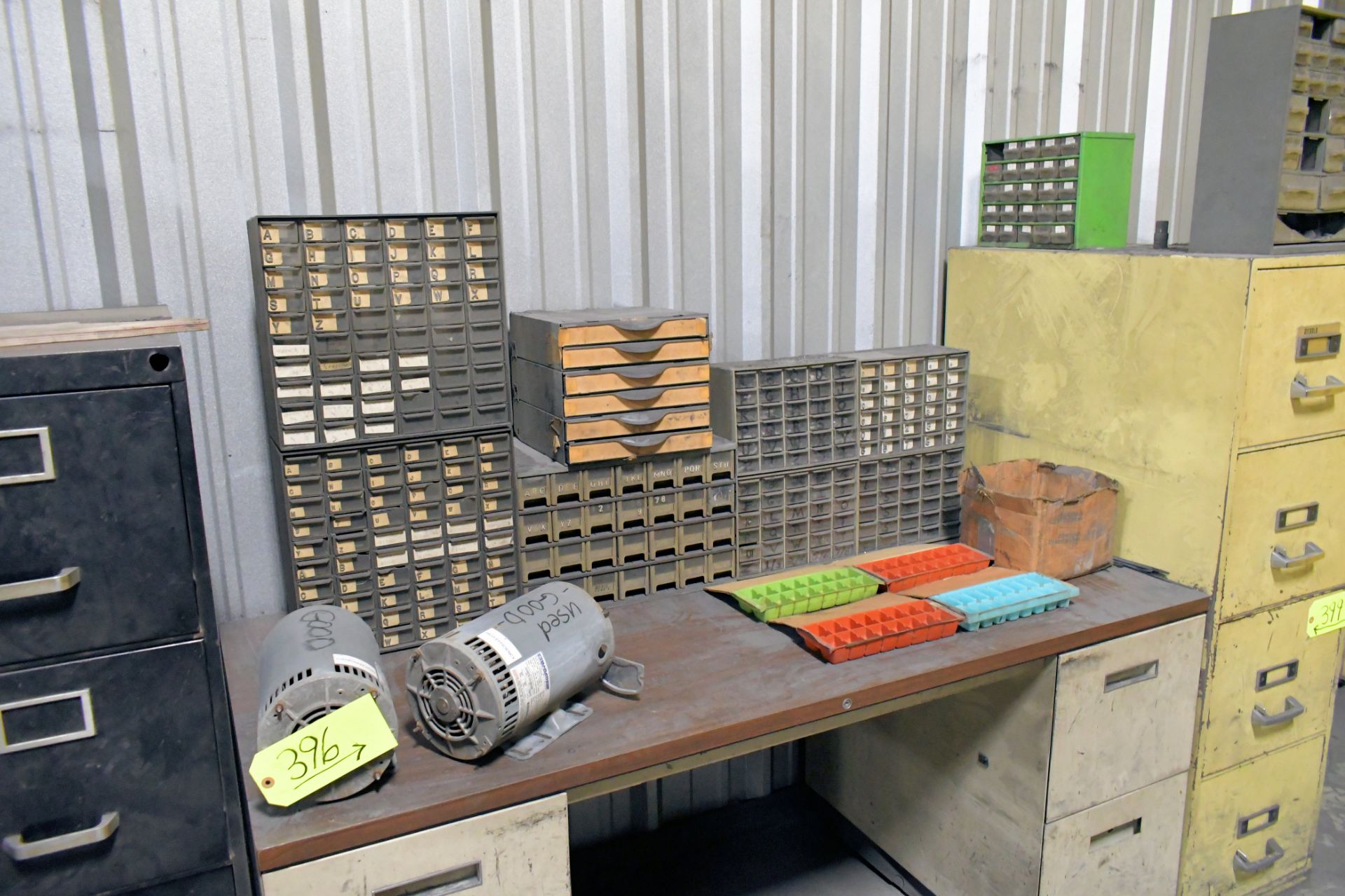 Lot - Plastic Bin Cabinets with Metal Embossing Tags and (2) 1-1/2 HP ...