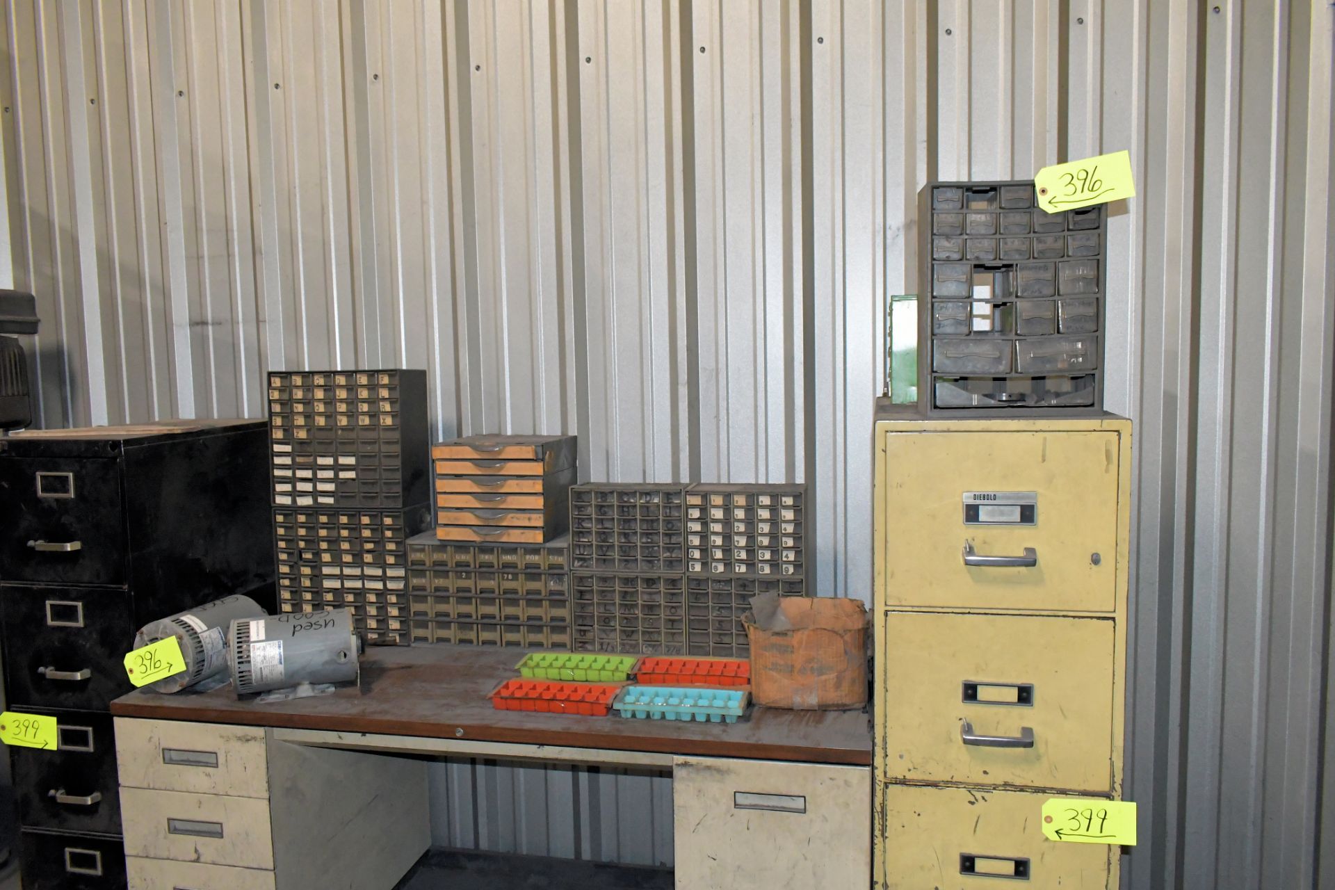 Lot - Plastic Bin Cabinets with Metal Embossing Tags and (2) 1-1/2 HP ...