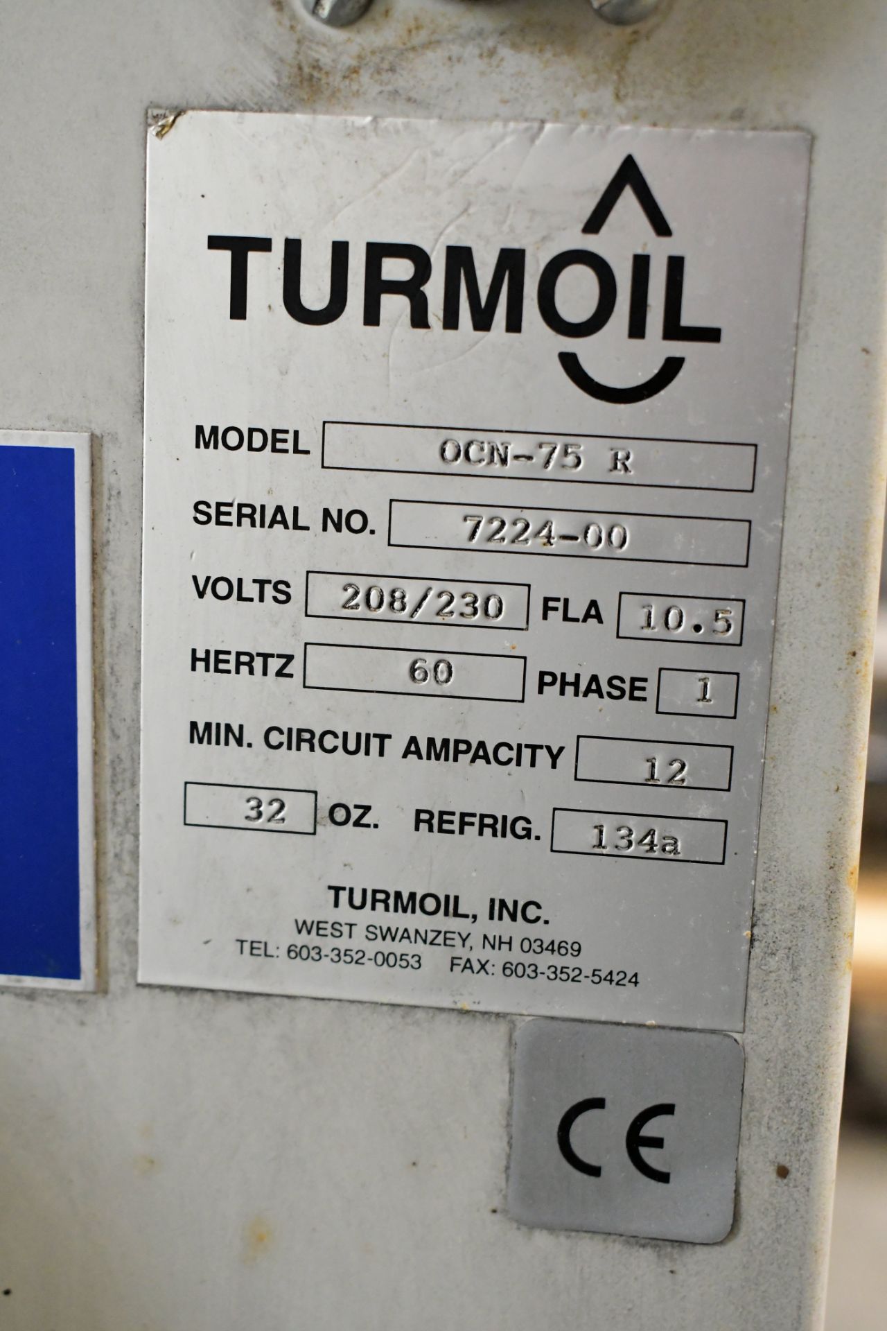 Turmoil Model 0CN-75 R 3/4 Ton Portable Chiller, s/n 7224-00; 9,000 BTU ...