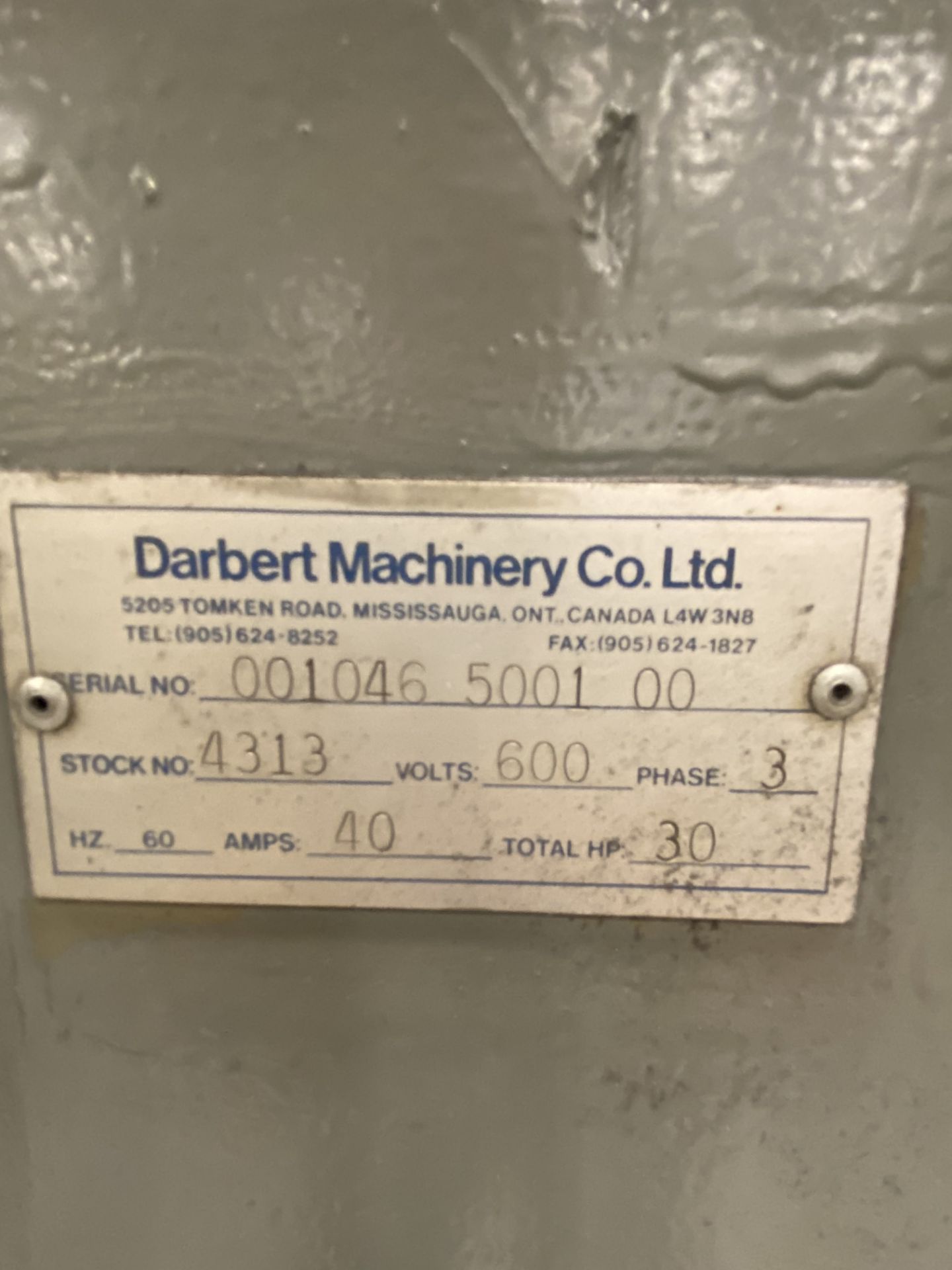 Darbert Machinery Co. Ltd. Model: 4313 SR/ VIN: 001046 5001 00, Manual ...