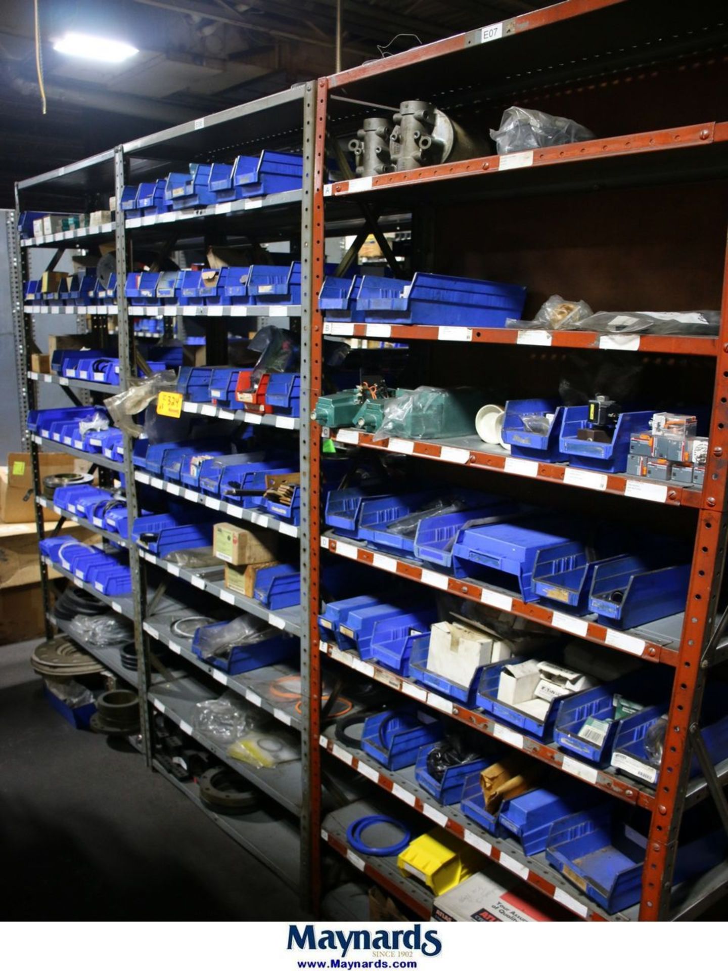 Lot of (3) Steel Shelves with Contents Includes Solenoids, Bearings ...
