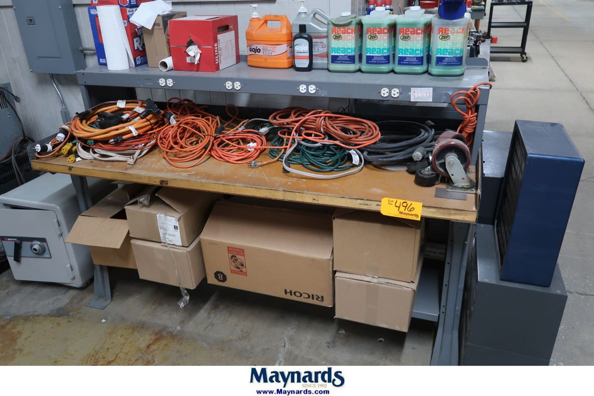 Wood Top Work Bench with Overhead Shelving & Electrical Receptacles ...