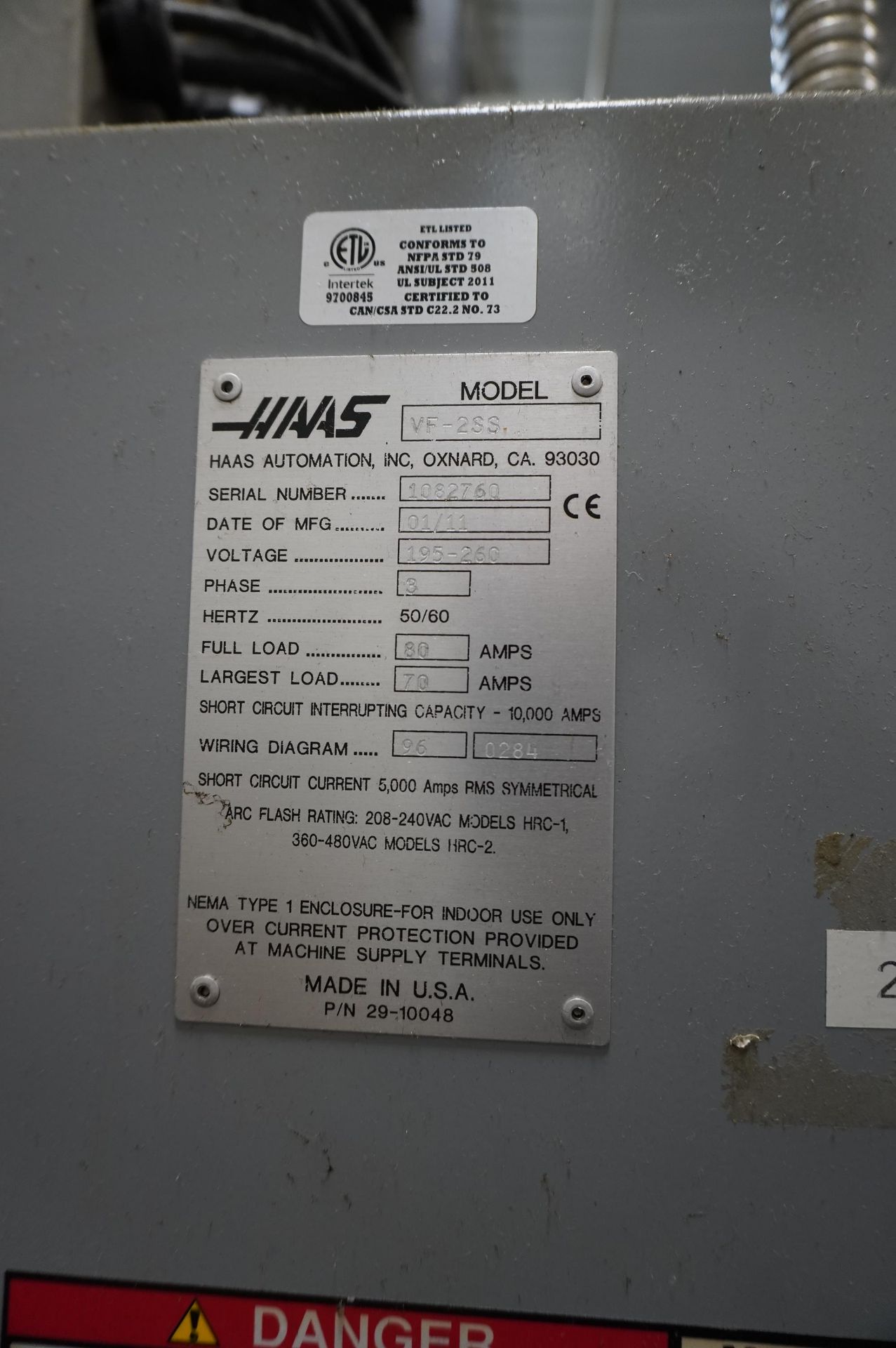 2011 HAAS VF-2SS CNC VERTICAL MACHINING CENTER S/N 1082760, 5TH AXIS ...