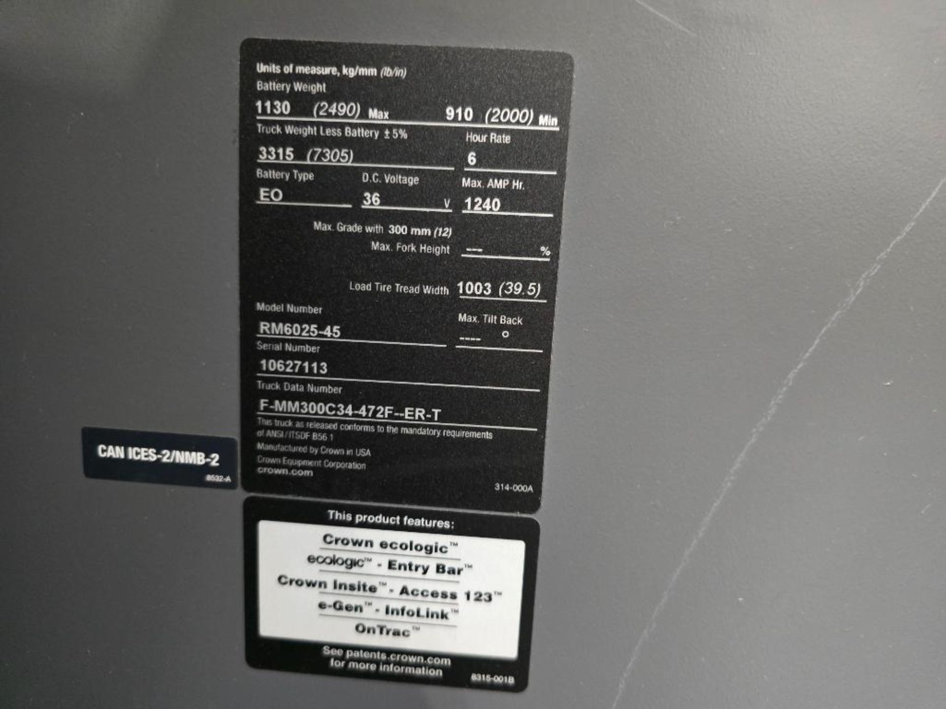 2024 Crown Electric Reach Truck, Model RM6025-45, S/N 10627113, 36V ...