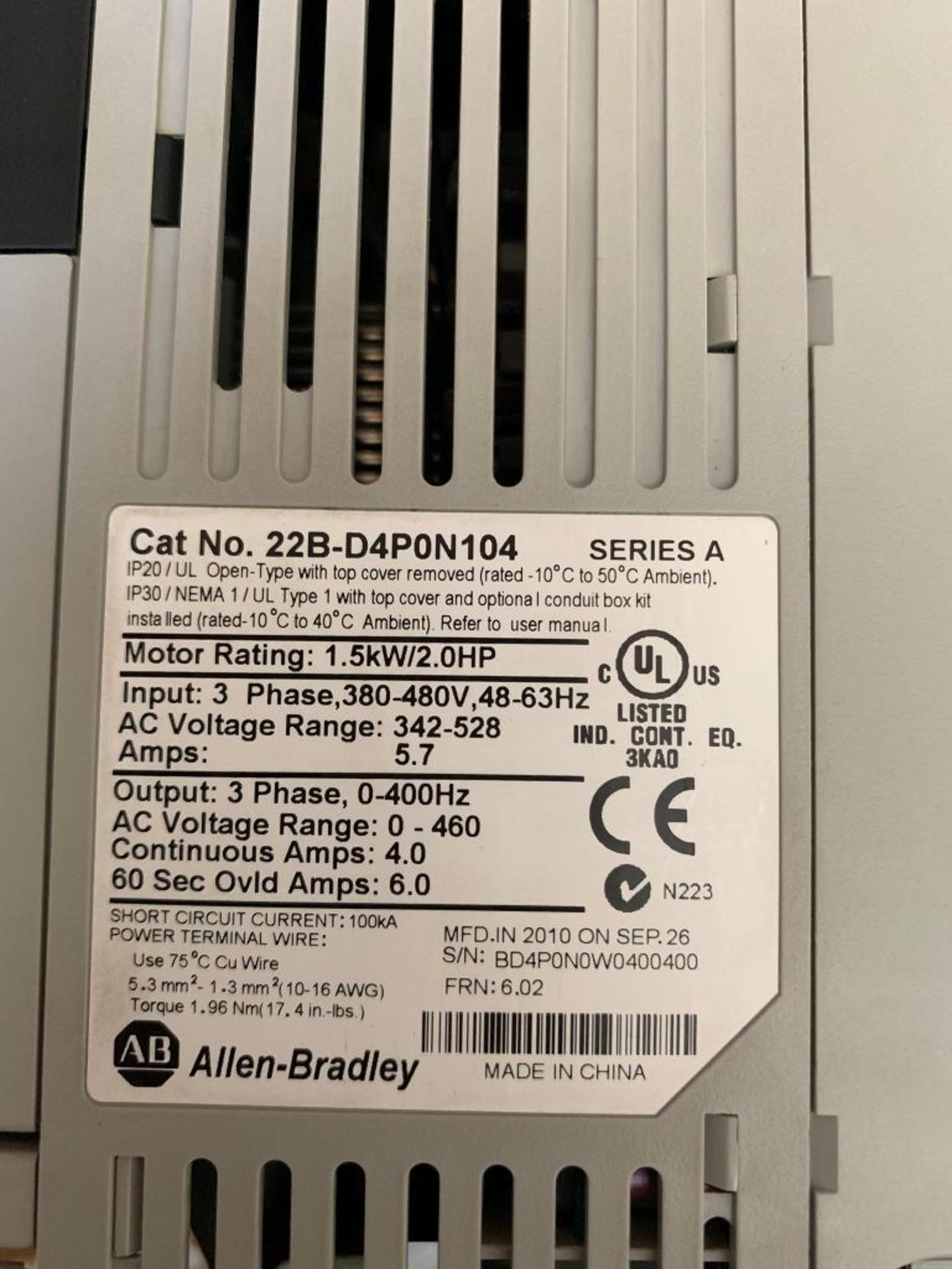 (3) Allen-Bradley PowerFlex 40 AC Drives, 22B-D4P0N104, 380-480 V, 3-Phase