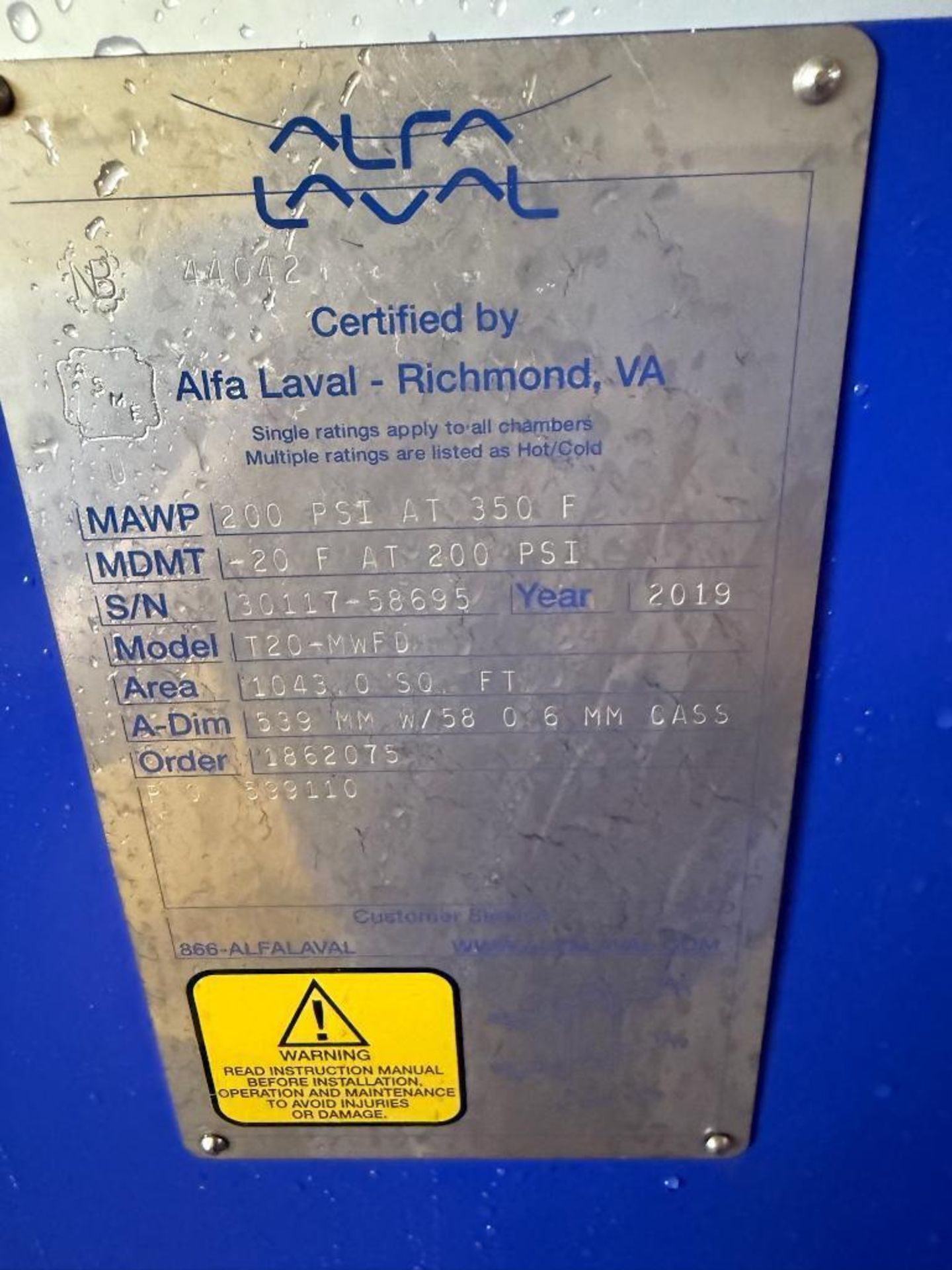 (JW) Alfal Laval Heat Exchanger, MAWP: 200 PSI at 350F, S/N: 30117 ...