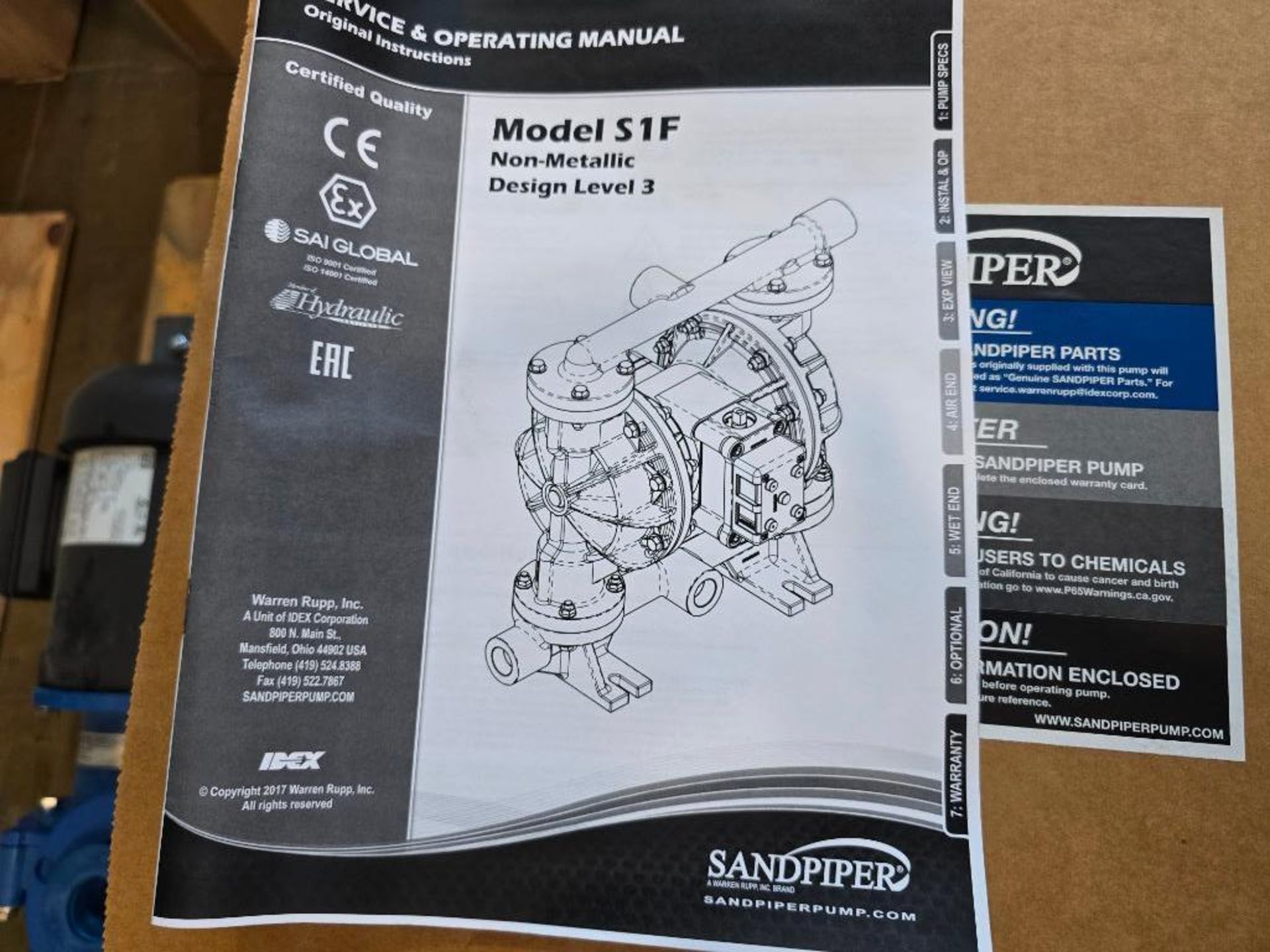 Sandpiper Air Actuated Double Diaphragm Pump, Model S1F, Non-Metallic w ...