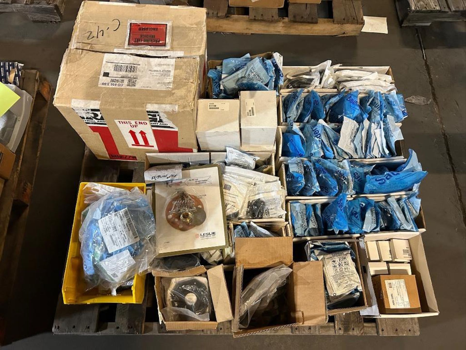 { Group of lots: 25, 26, 27 } Pallet of Misc. Fittings, Saunders Replacement Diaphragms, Caulk G