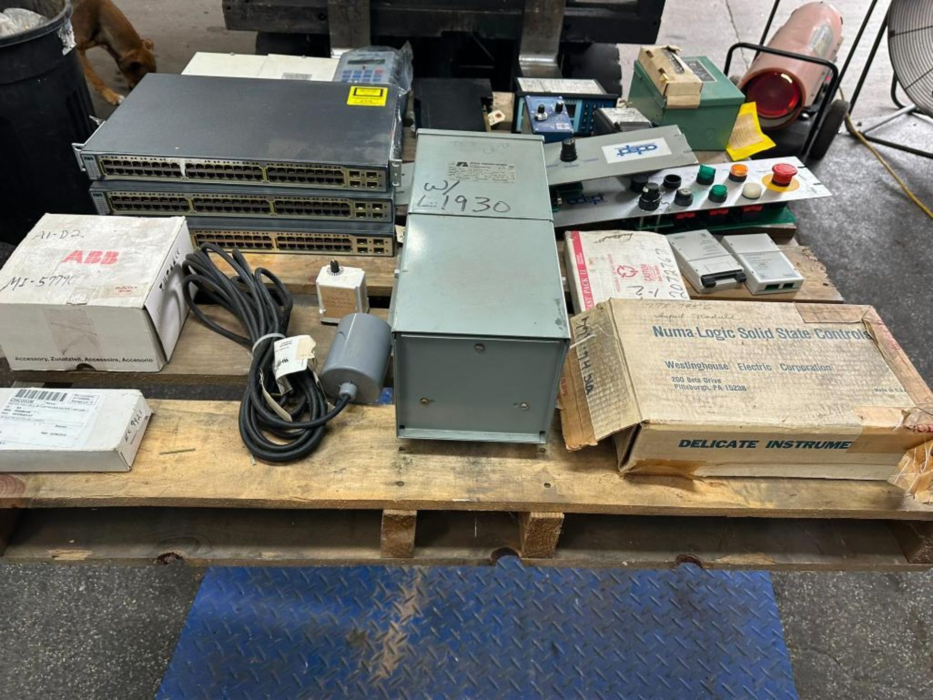 (F) Pallet of Electrical Meters, Network Switches, Transformer, Float ...