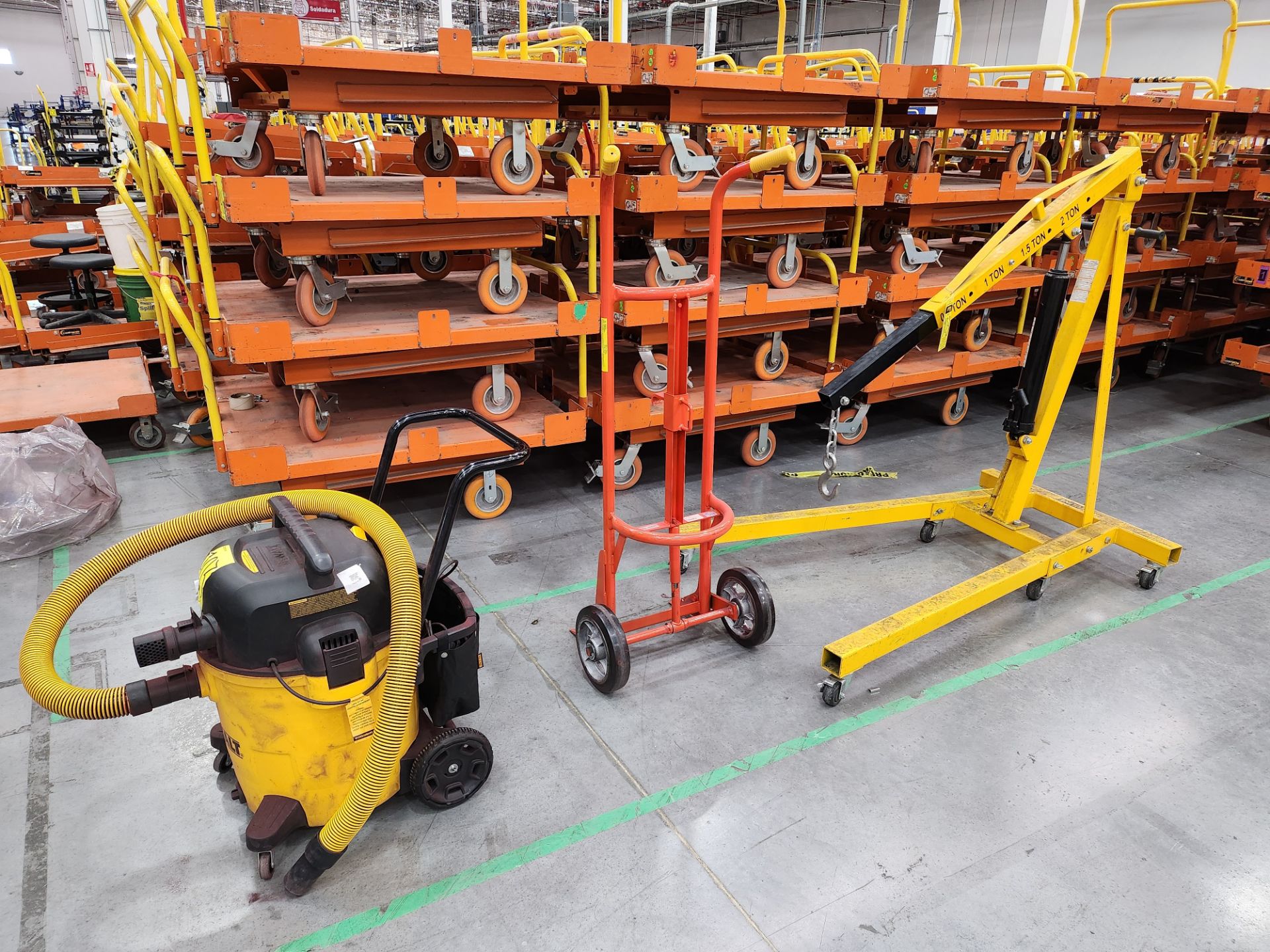 ULINE 2-ton hydraulic jack, adjustable; 1 ULINE Steel drum dolly with ...