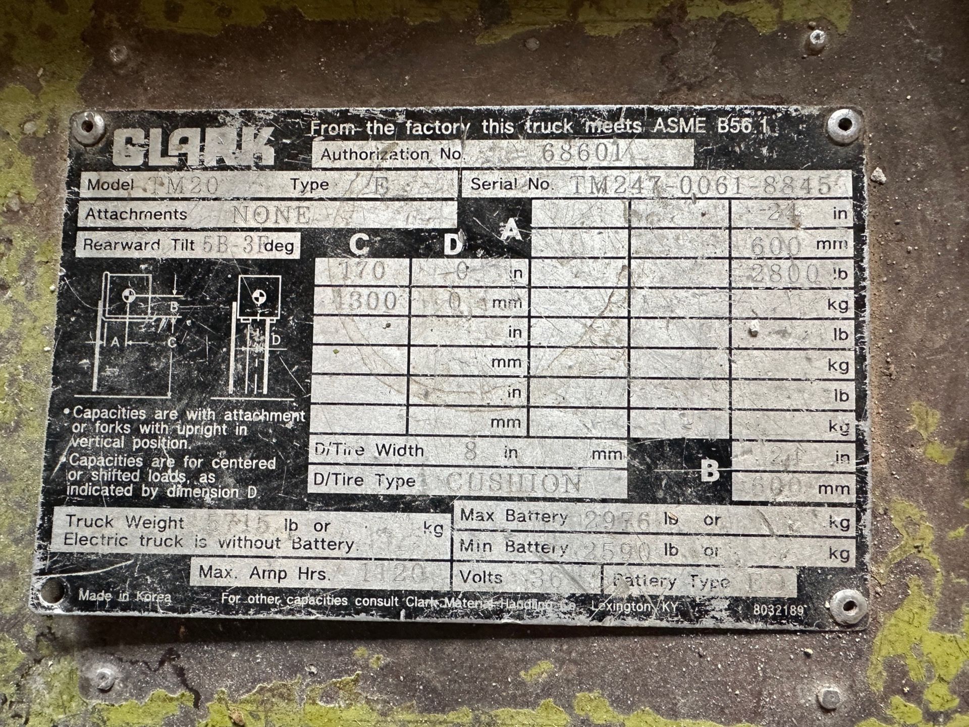 Clark 36 V Electric Fork Truck - Model TM20, S/N TM247-0061-8845