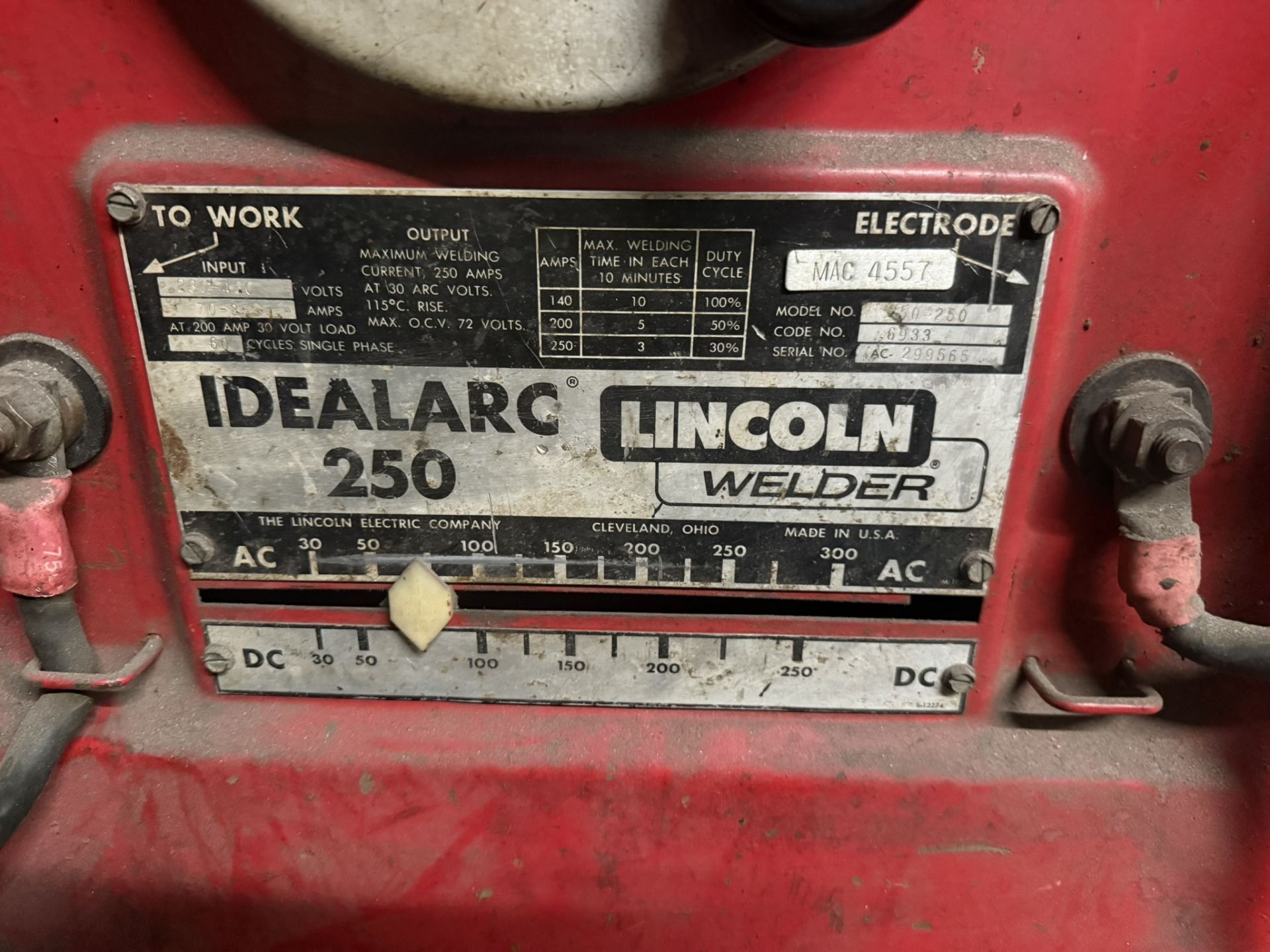 Lincoln Model 250-250 Idealarc 250 Stick Welder, 230-480 V, S#AC-299565 ...